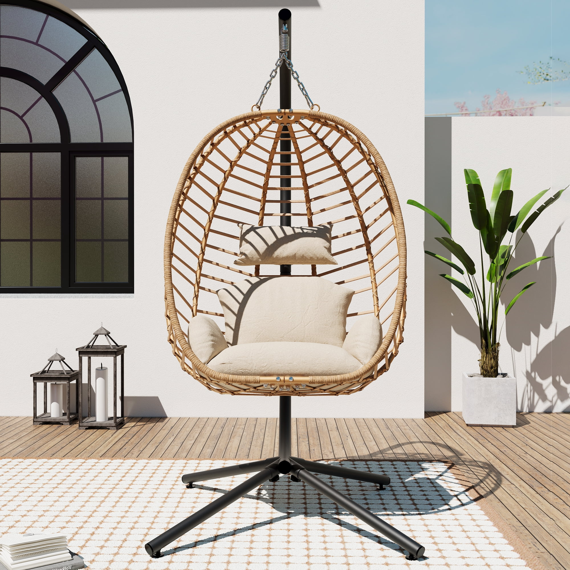 SWITTE Egg Chair with Stand , PE Wicker Hanging Outdoor Egg Chair with ...