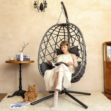 SWITTE Swing Egg Chair with Stand 2 Person Beige Wicker Egg Chairs ...