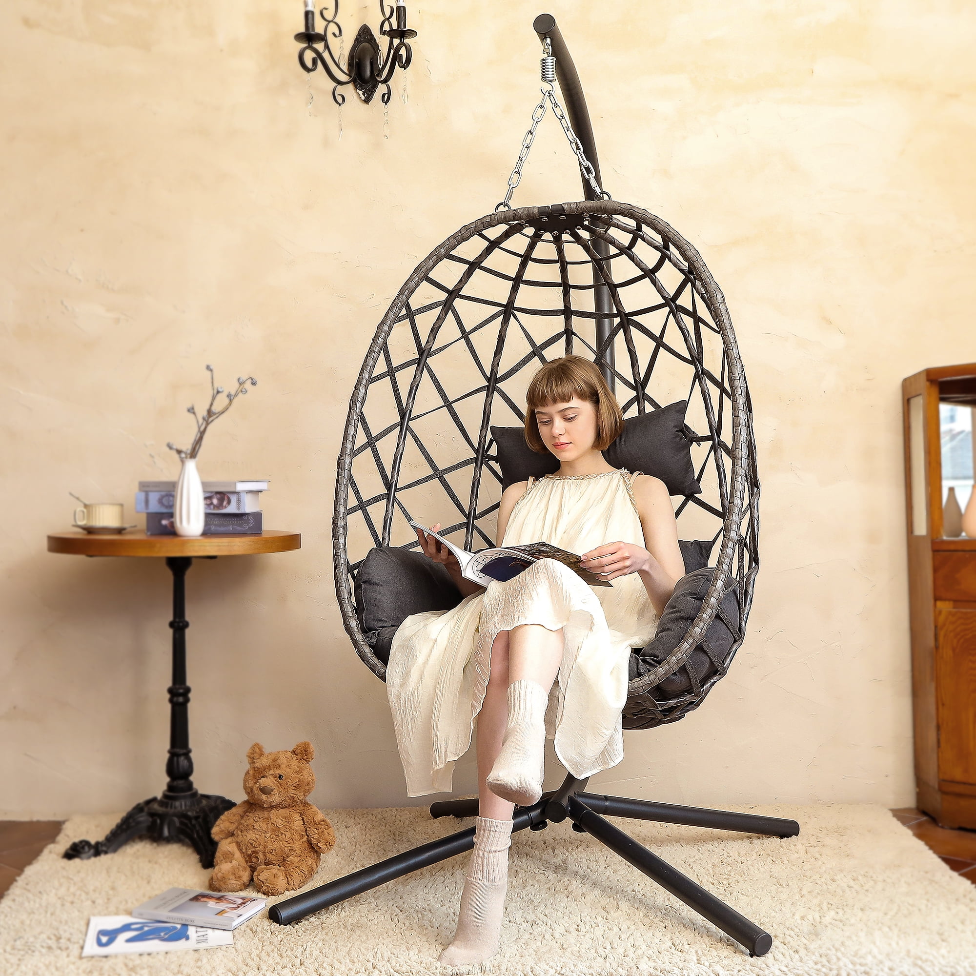 SWITTE Egg Chair with Stand , PE Wicker Hanging Outdoor Egg Chair with ...