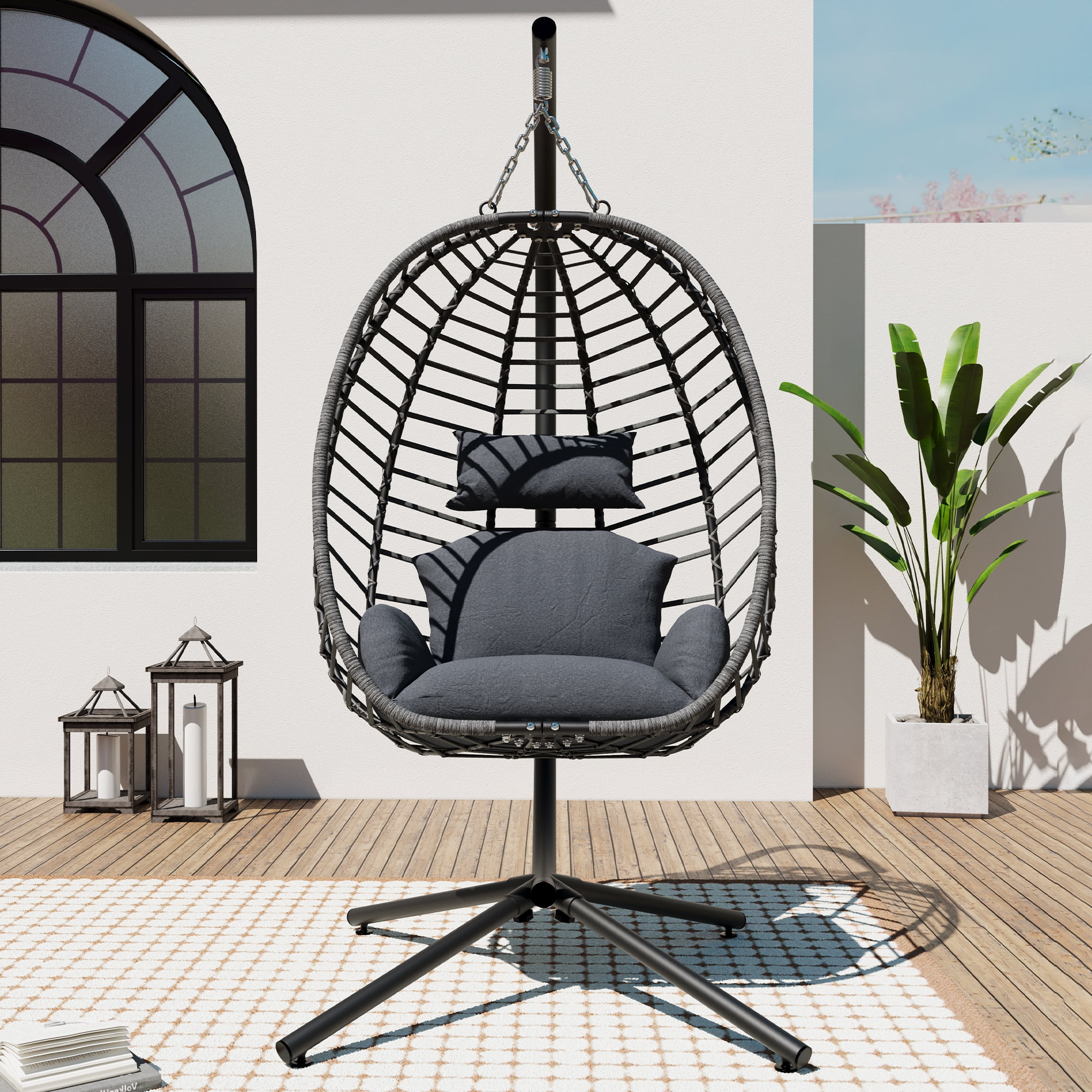 SWITTE Egg Chair with Stand , PE Wicker Hanging Outdoor Egg Chair with ...