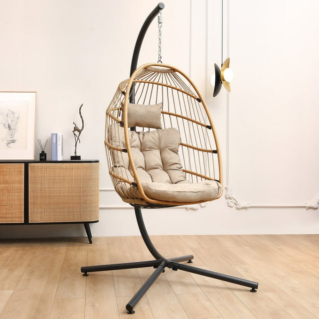 SWITTE Hanging Indoor/Outdoor Rattan Egg Chair with Stand and Beige ...