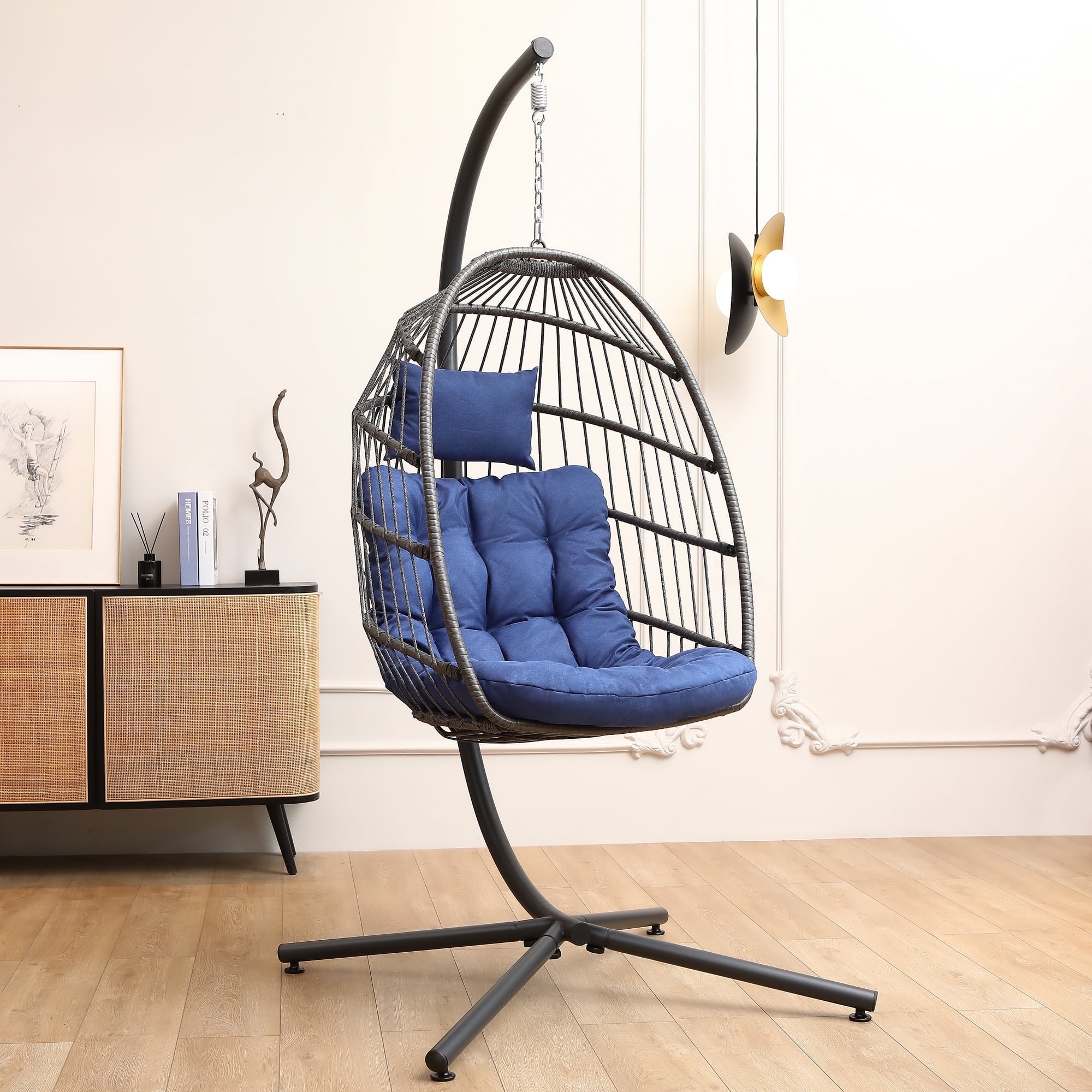 SWITTE Egg Chair with Stand PE Wicker Swing Chair and Dark Blue Cushion ...