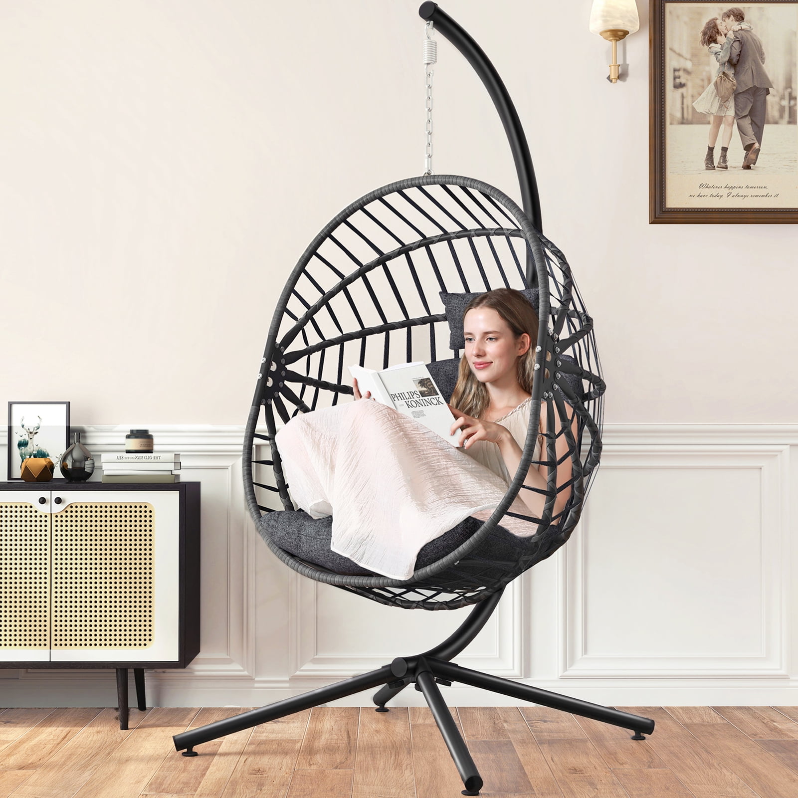 SWITTE Hanging Egg Chair with Stand, Outdoor Swing Egg Chair, Indoor ...
