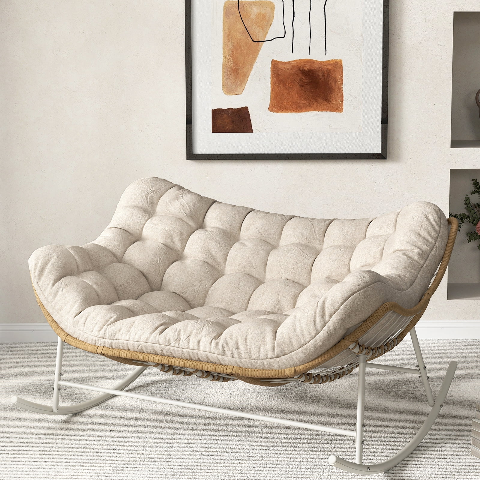 SWITTE Outdoor Loveseat 2 Person Papasan Rocker Chair with Cushion ...