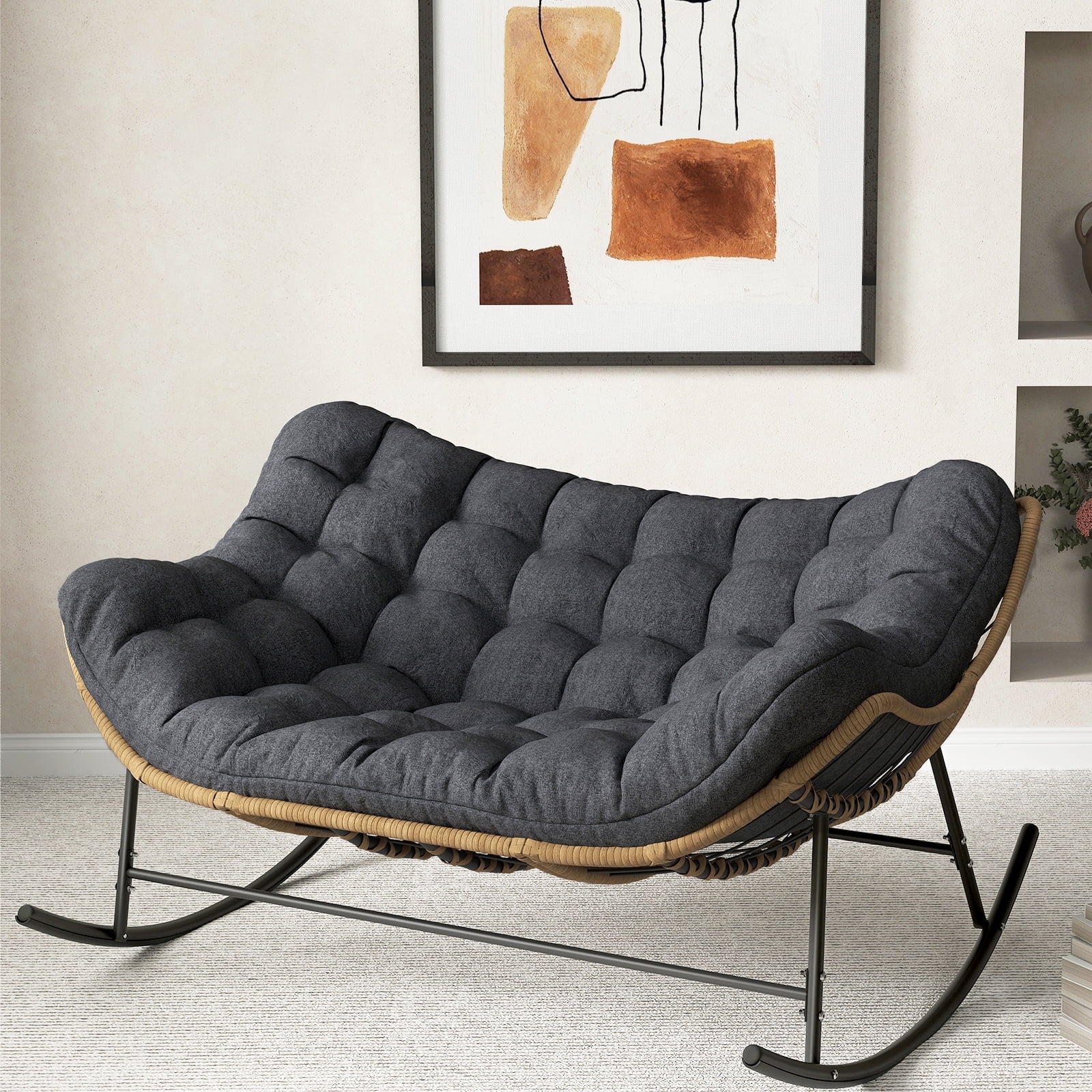 SWITTE Outdoor Loveseat 2 Person Papasan Rocker Chair with Cushion ...