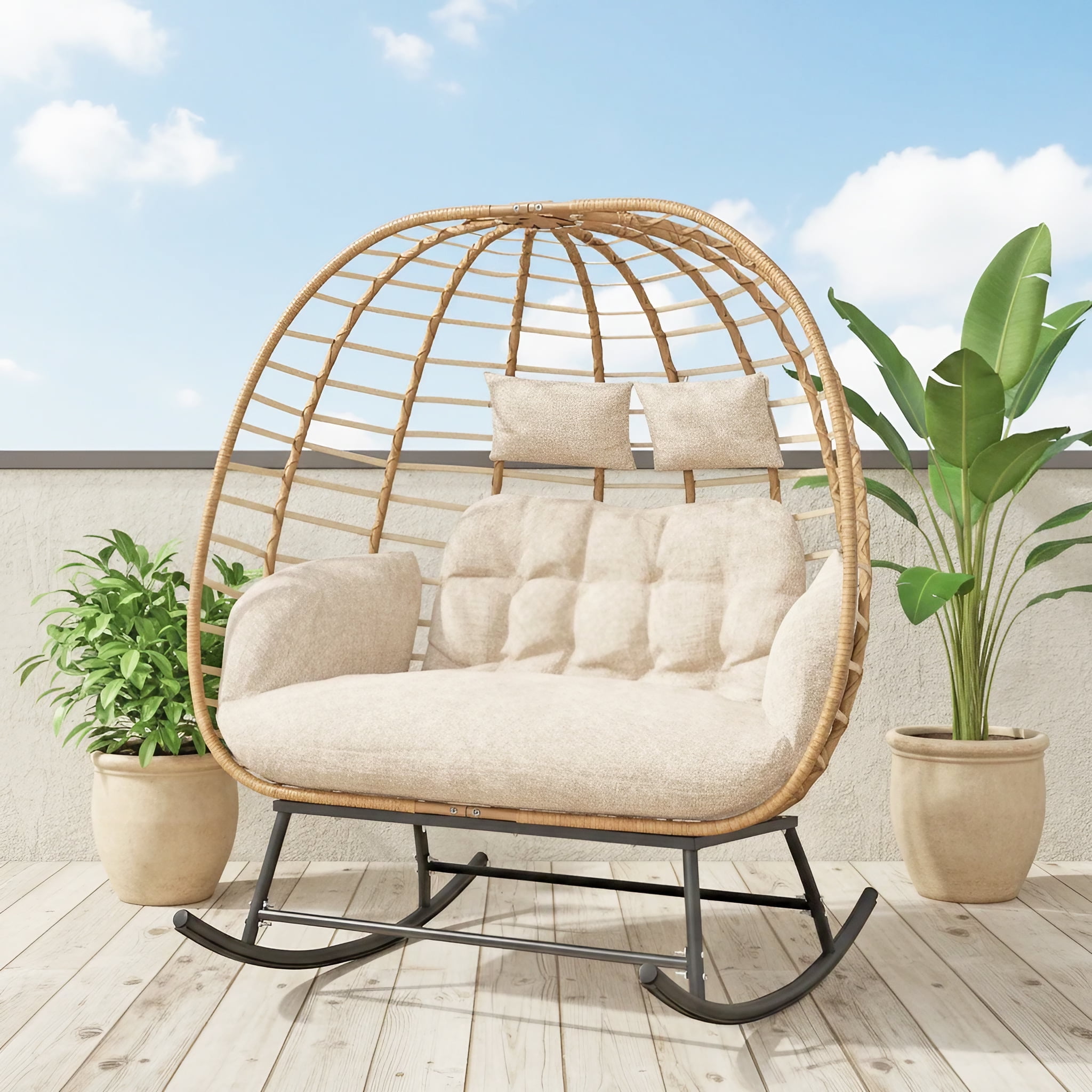 SWITTE Oversized 2-Person Outdoor Wicker Egg Rocking Chair Double Patio ...