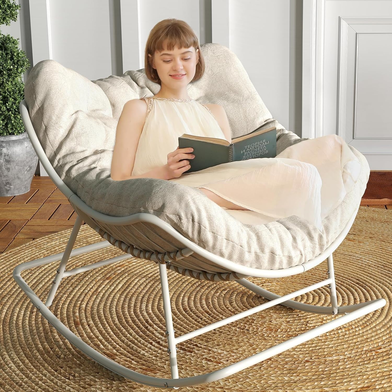 SWITTE Papasan Rocking Chair, Outdoor Rocking Chair with Cushion, Indoor Oversized Rocker Patio ...
