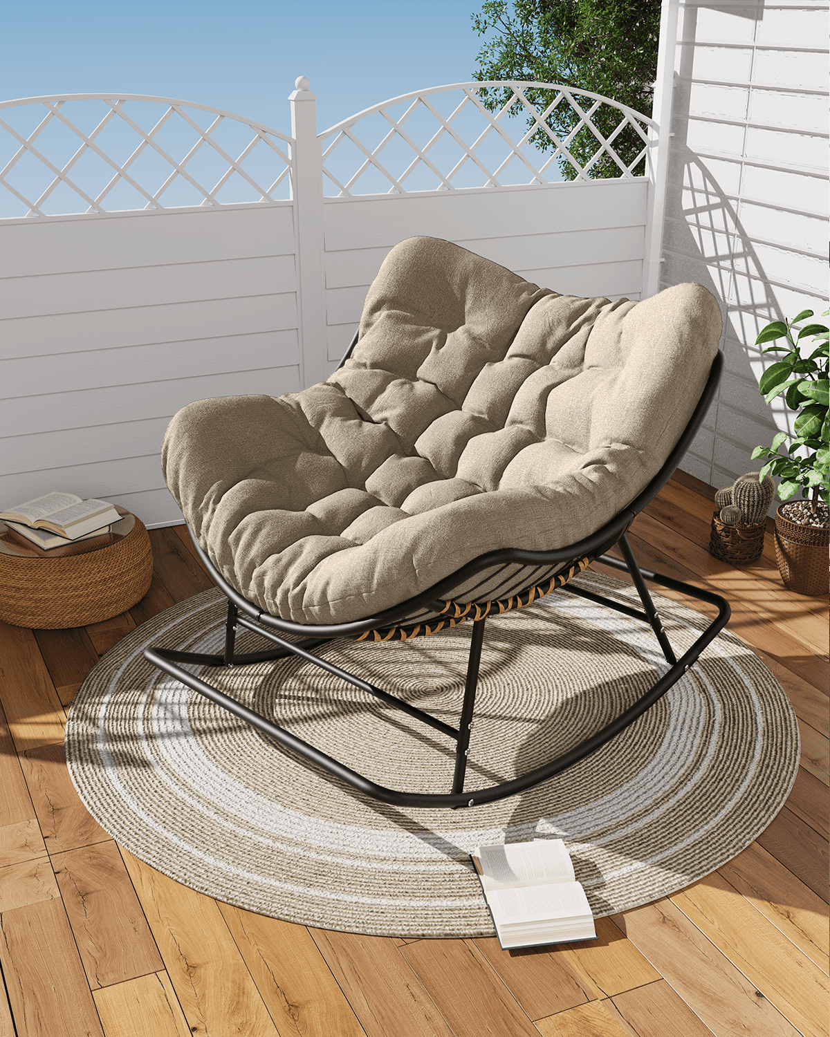 SWITTE Papasan Rocking Chair, Outdoor Rocking Chair with Cushion ...