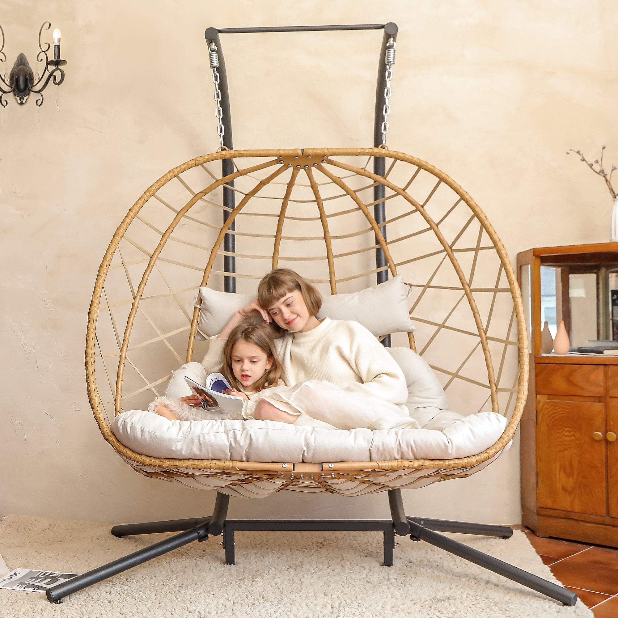 SWITTE Swing Egg Chair with Stand 2 Person Beige Wicker Egg Chairs ...
