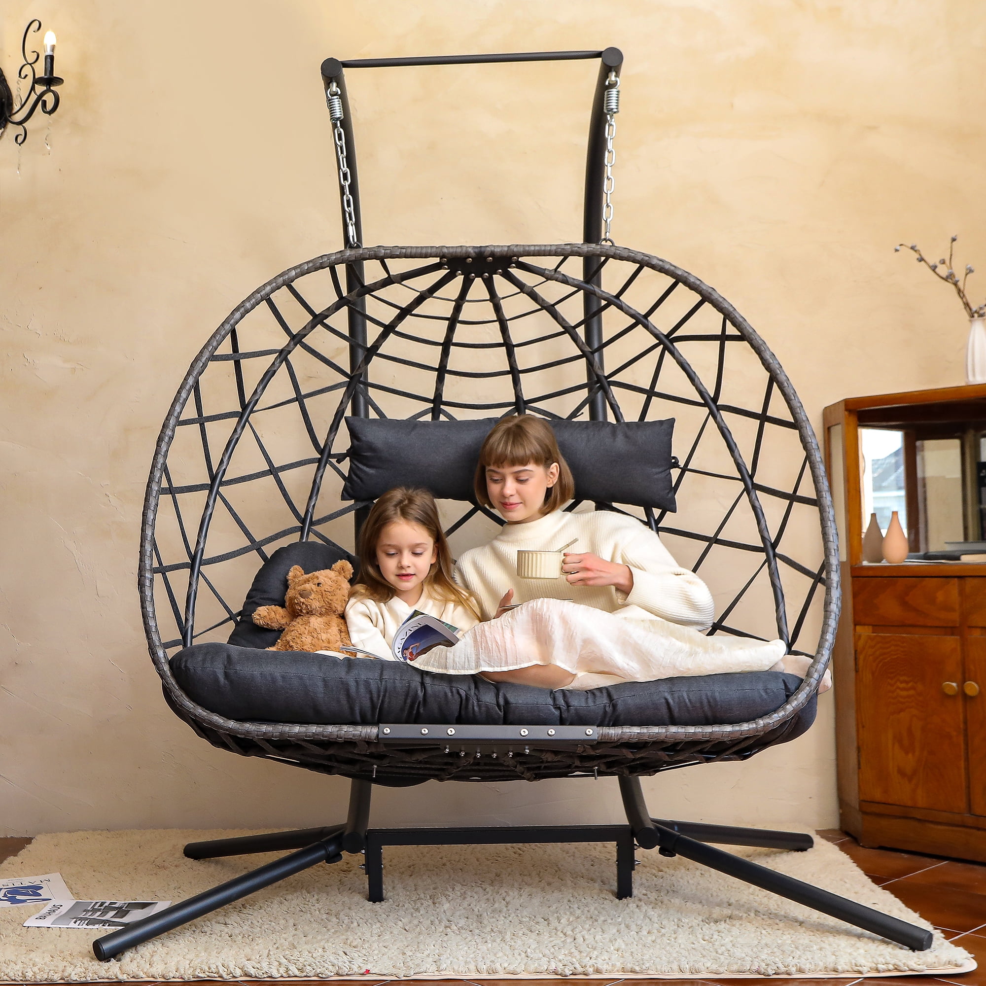 SWITTE Double Hanging Woven Egg Chair with Stand, 2 Person Black Wicker ...