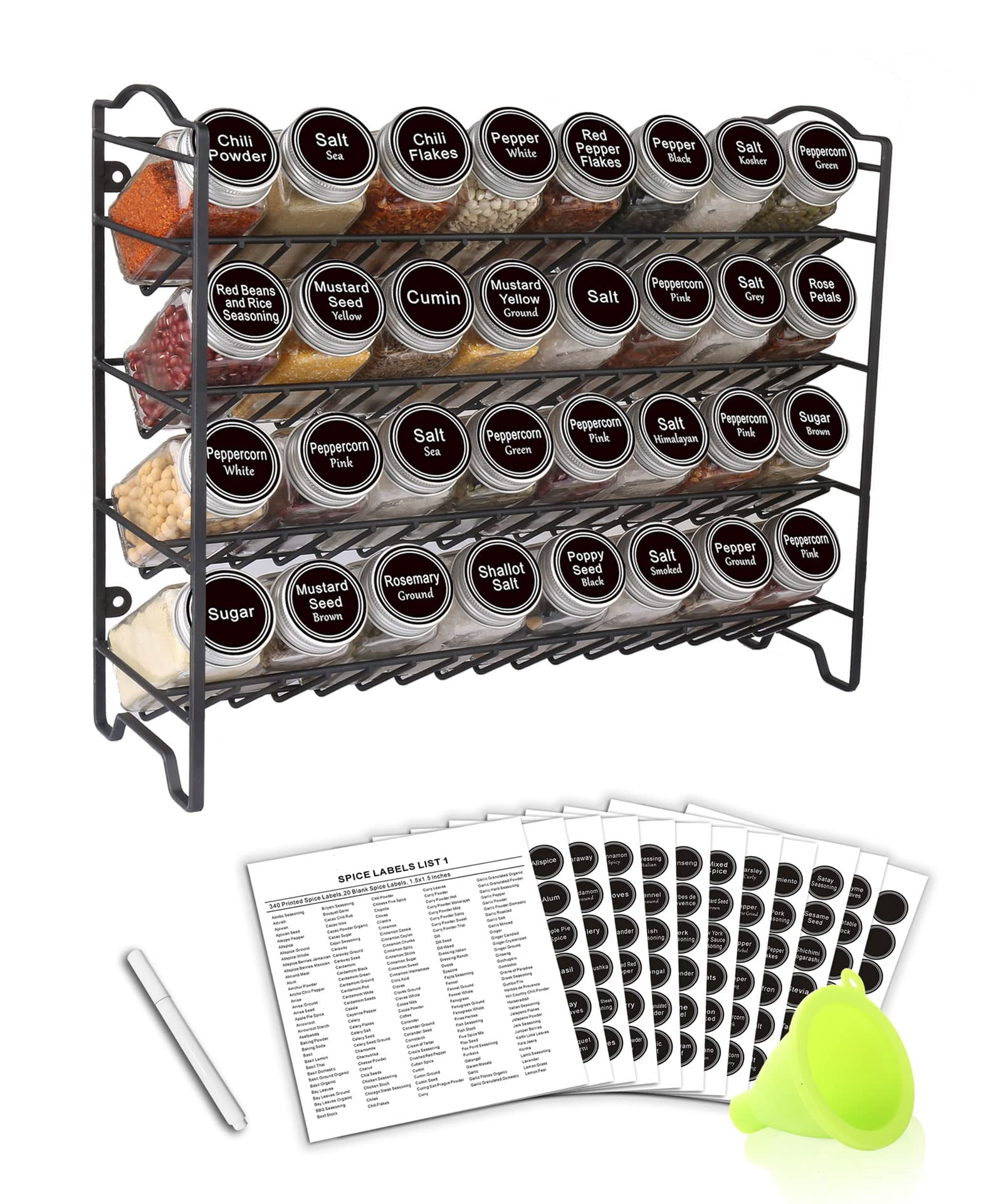 SWOMMOLY Spice Rack Organizer with 32 Glass Spice Jars, 396 Spice ...