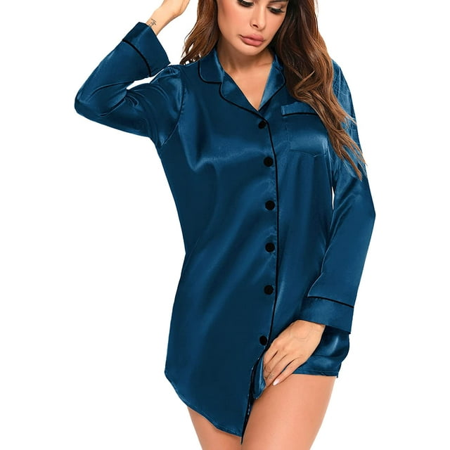 Swomog Womens Satin Sleep Shirt Long Sleeve Sleepwear Silk Nightshirt