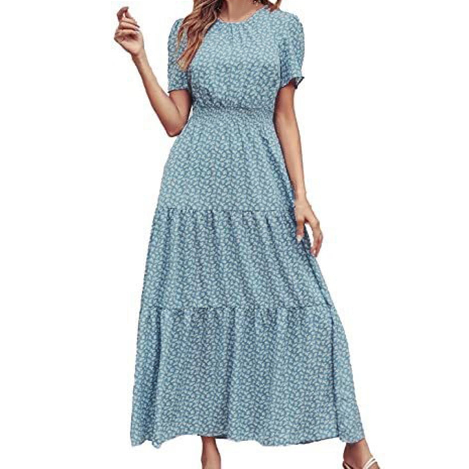 SWPZC Women Casual Short Sleeve Boho Floral Dress A Line Smocked Midi ...