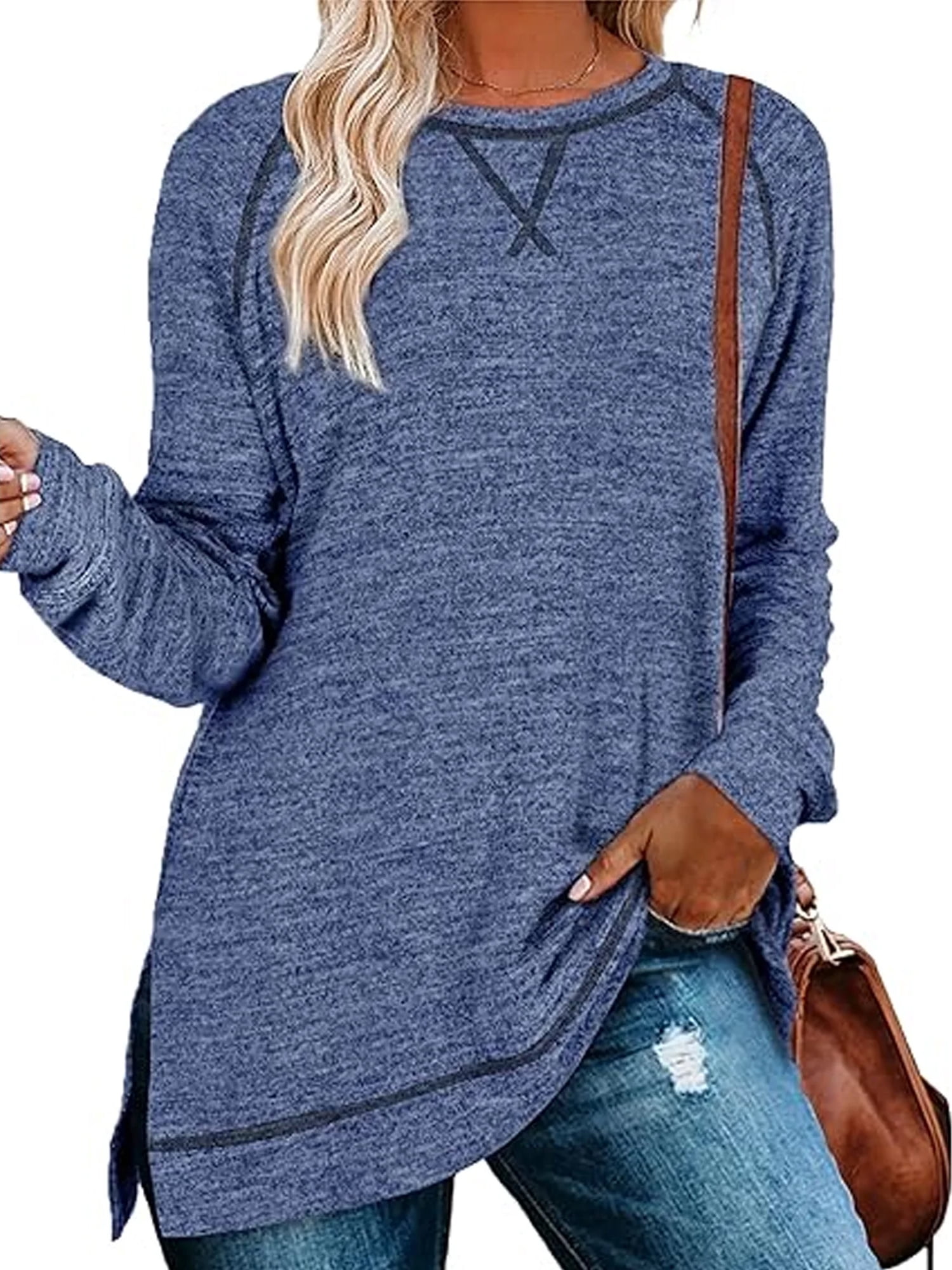SWQZVT Women's Long Sleeve, Side Slit, Color Block Pullover, Crewneck ...