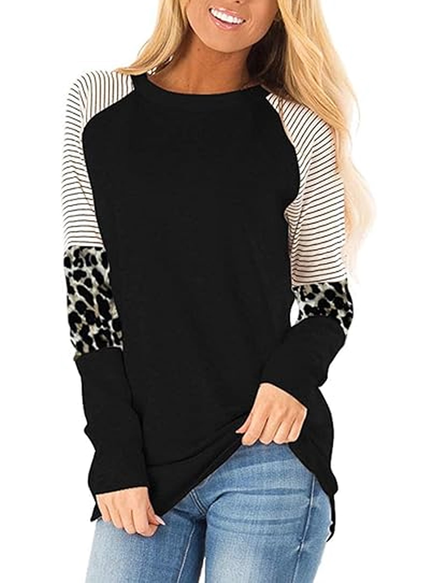 SWQZVT Fall Tops for Women's Long Sleeve Shirts Neck Striped Printed ...