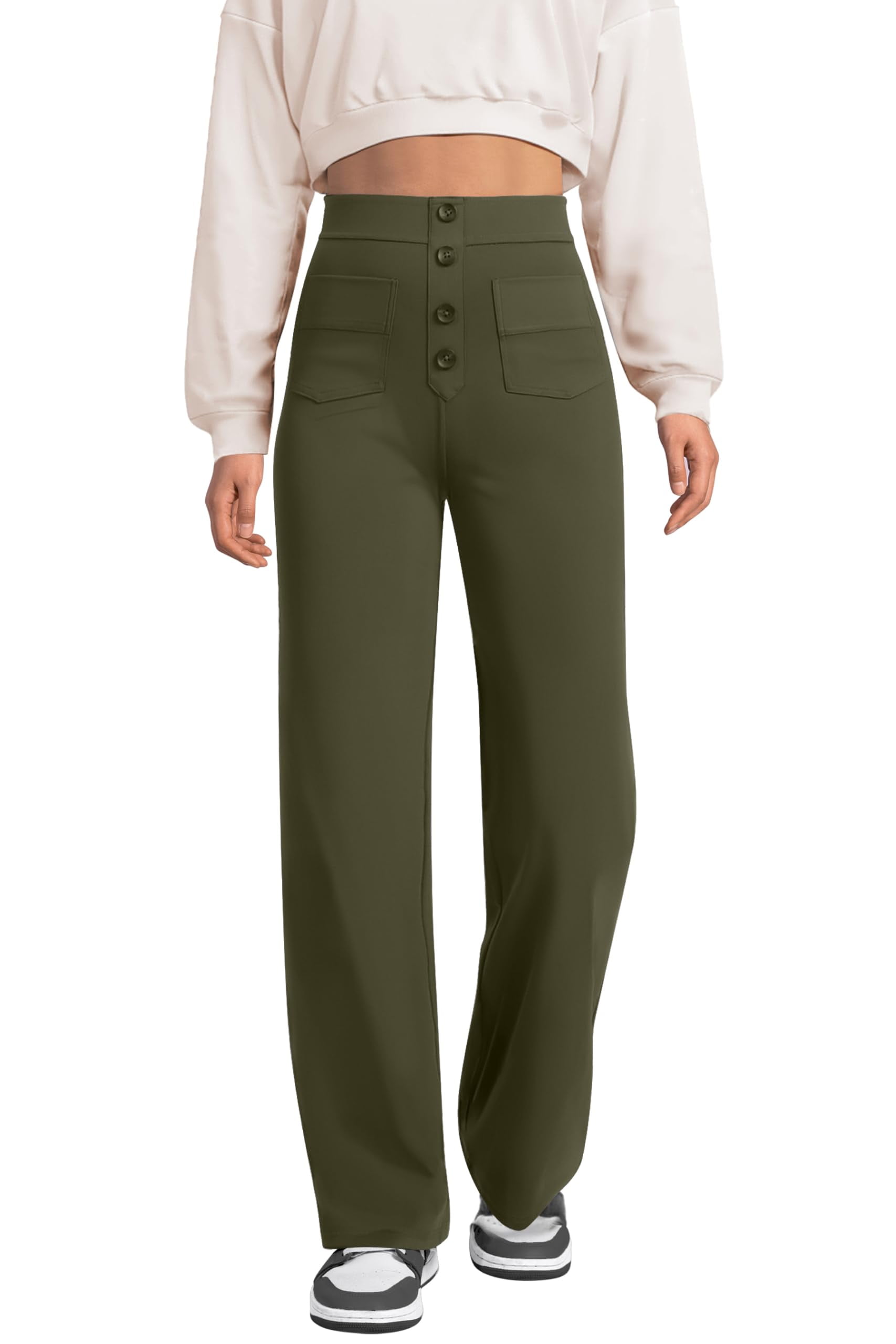 SWQZVT Pants for Women Straight Leg Pant Casual High Waisted Button ...
