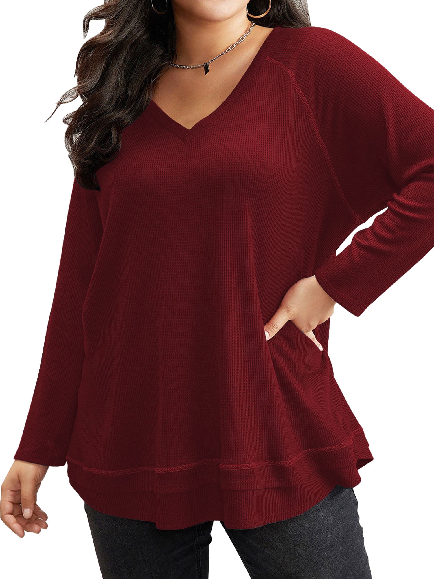 SWQZVT Plus Size Tops for Women Long Sleeve Waffle Oversize T Shirts ...