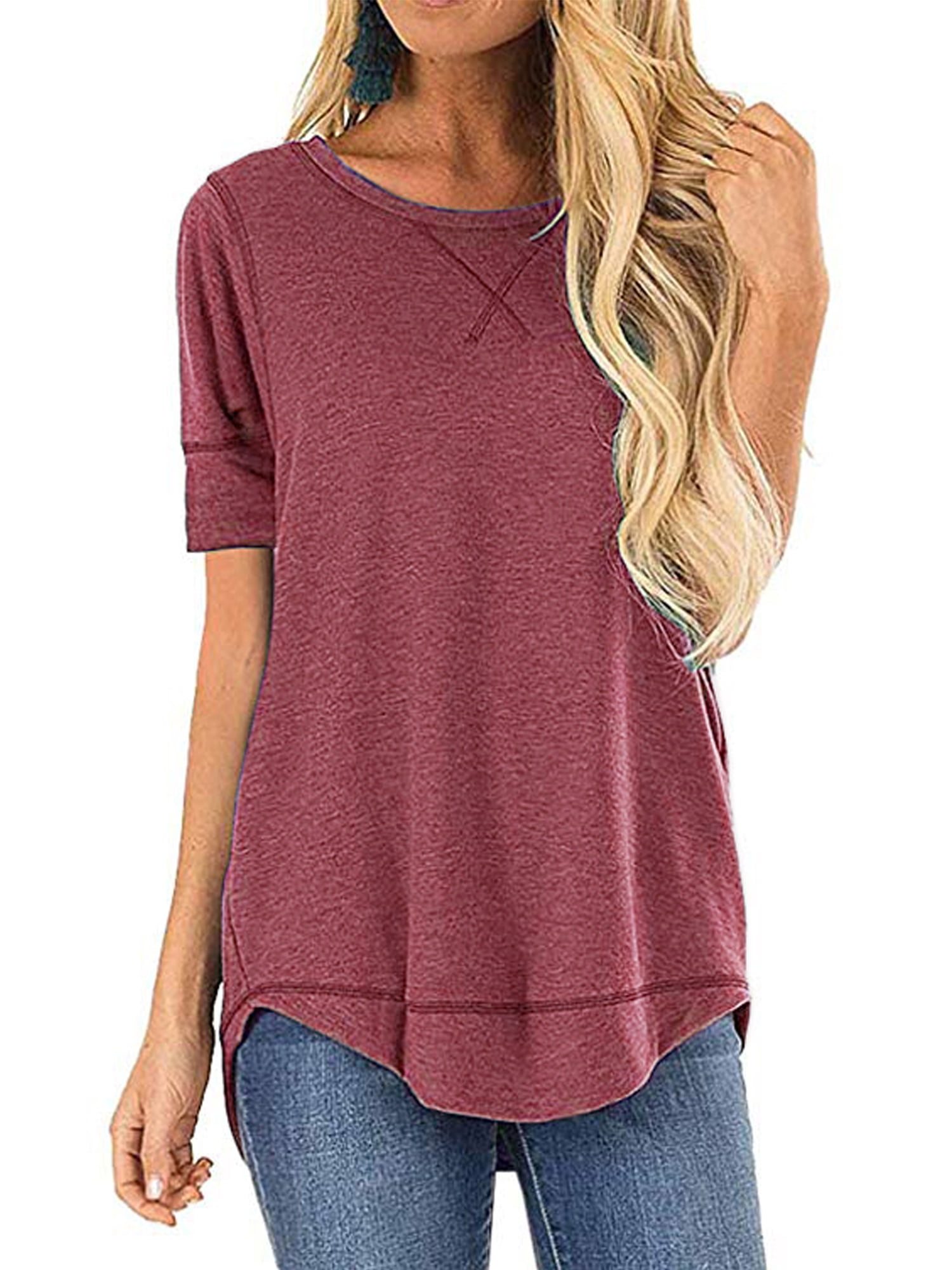 SWQZVT Summer Short Sleeve Tunic T Shirt, Red Flowy Casual Breathable ...