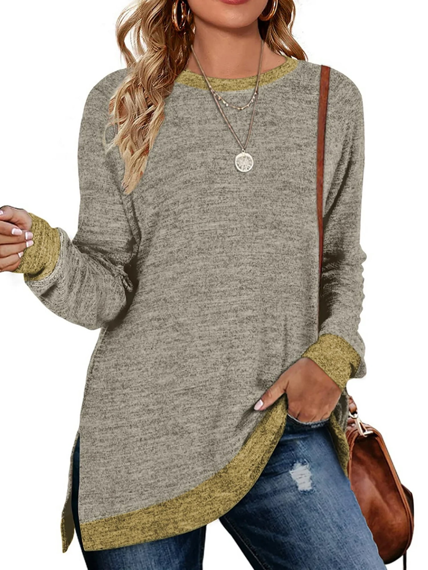 SWQZVT Tunic Tops for Women Long Sleeve Tops Fall Shirts Basic Round ...