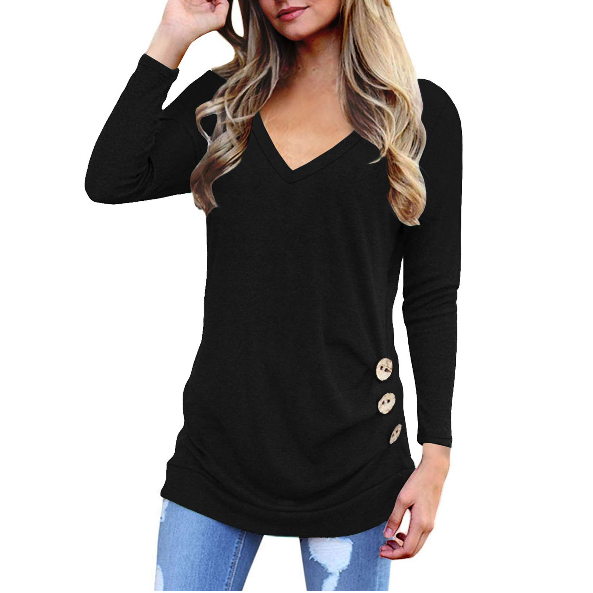 SWQZVT Women Casual Tops Long Sleeve Blouses with Side Buttons Decor ...