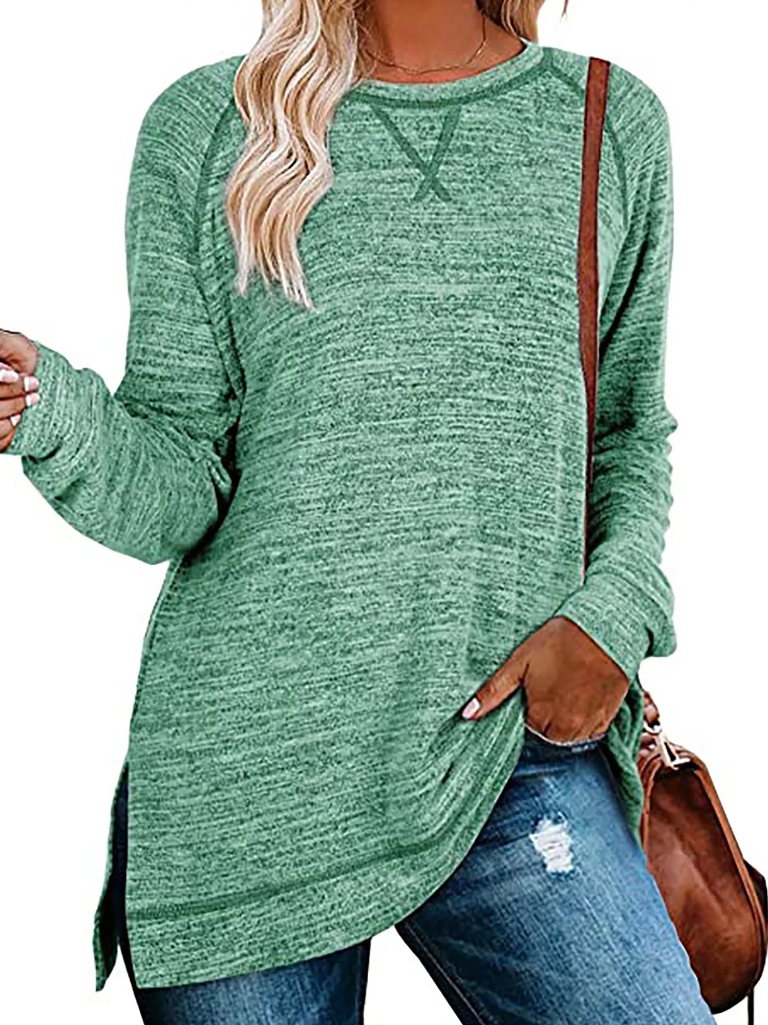 SWQZVT Women's Long Sleeve Crewneck Tunics, Color Block, Loose Fit ...