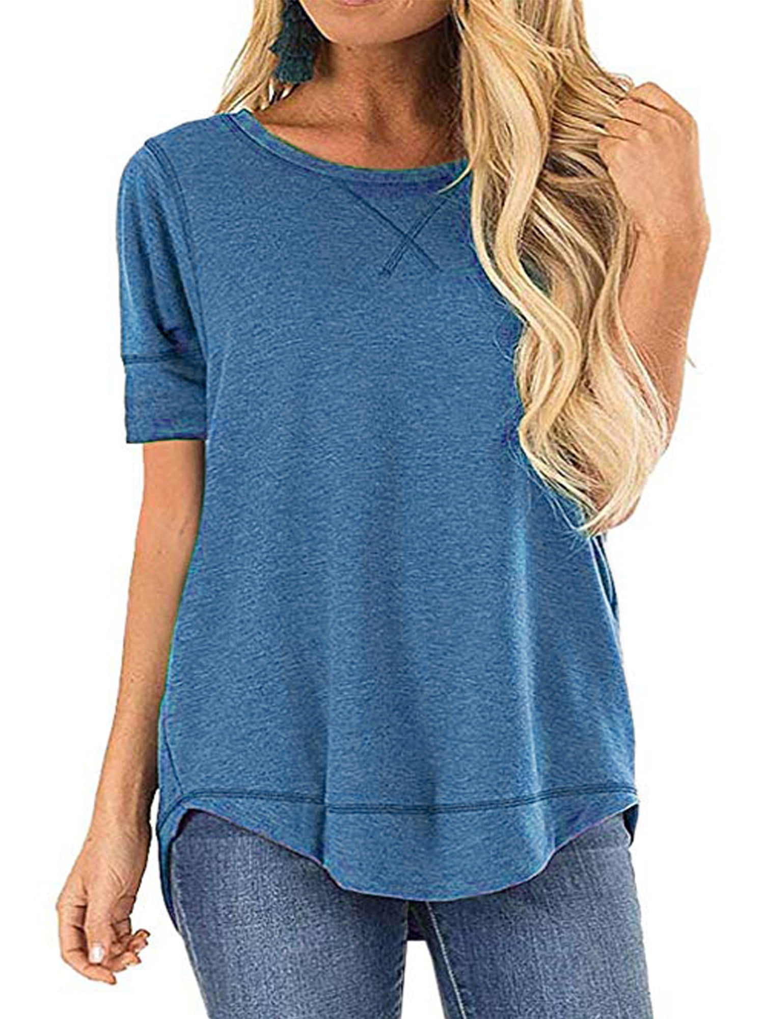 SWQZVT Women Shirts Casual Summer tunic Side Slit Crewneck Shirt Loose ...