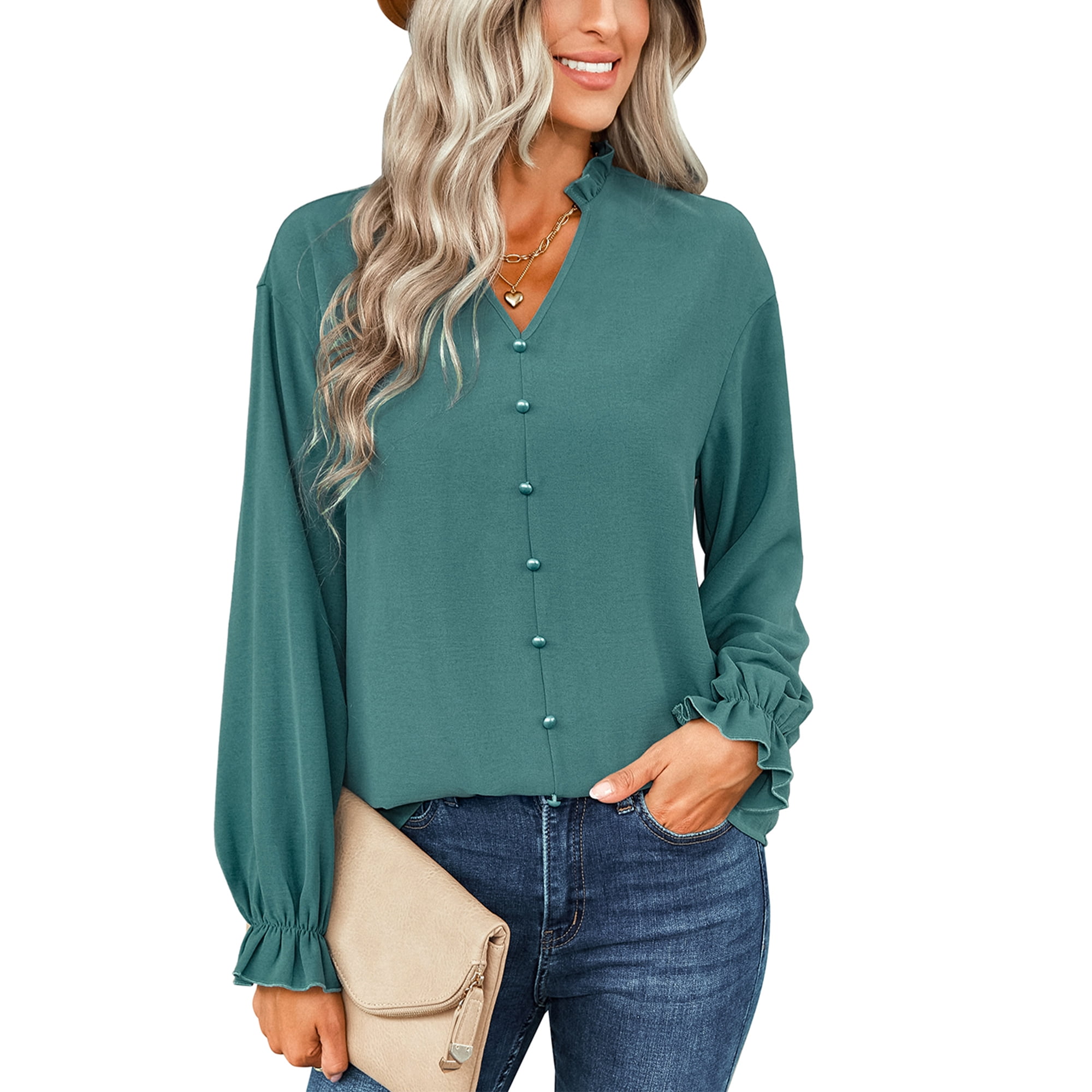 SWQZVT Women Tops Long Sleeve Button Decoration Solid Color Blouses V ...