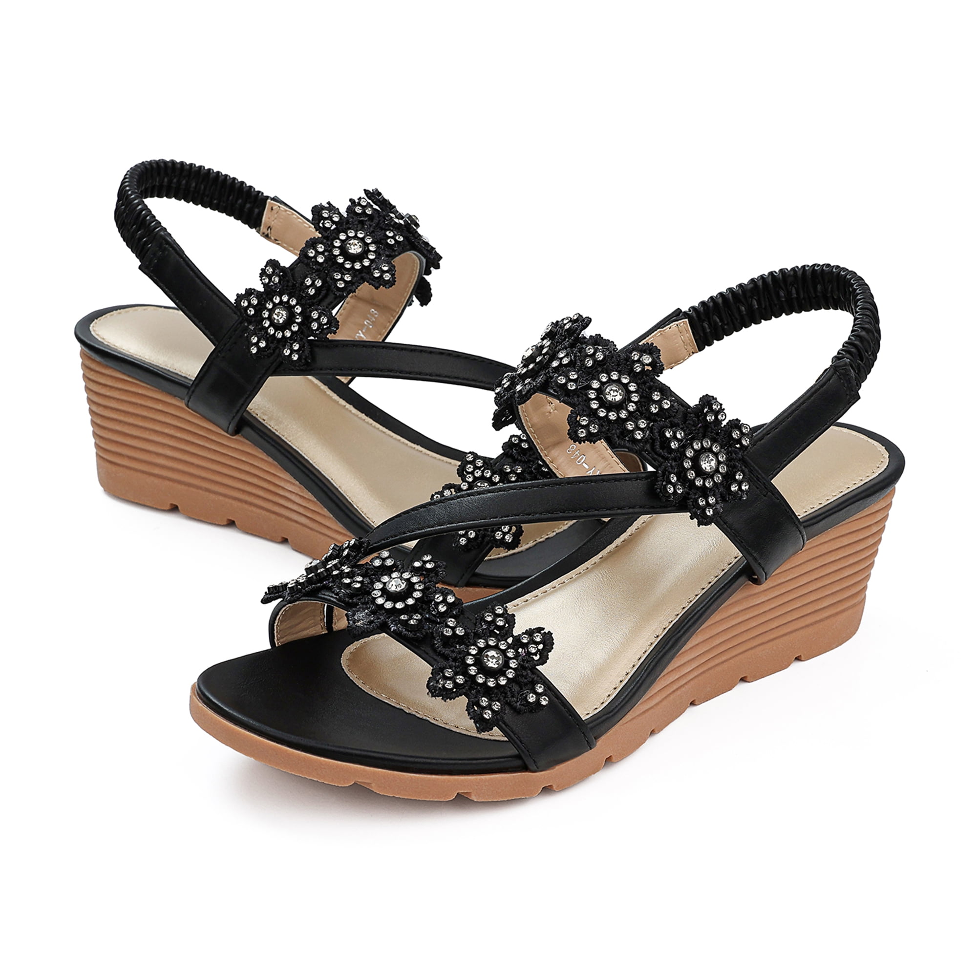 Swqzvt Women Wedge Sandal Summer Casual Boho Sandals Flower Rhinestone