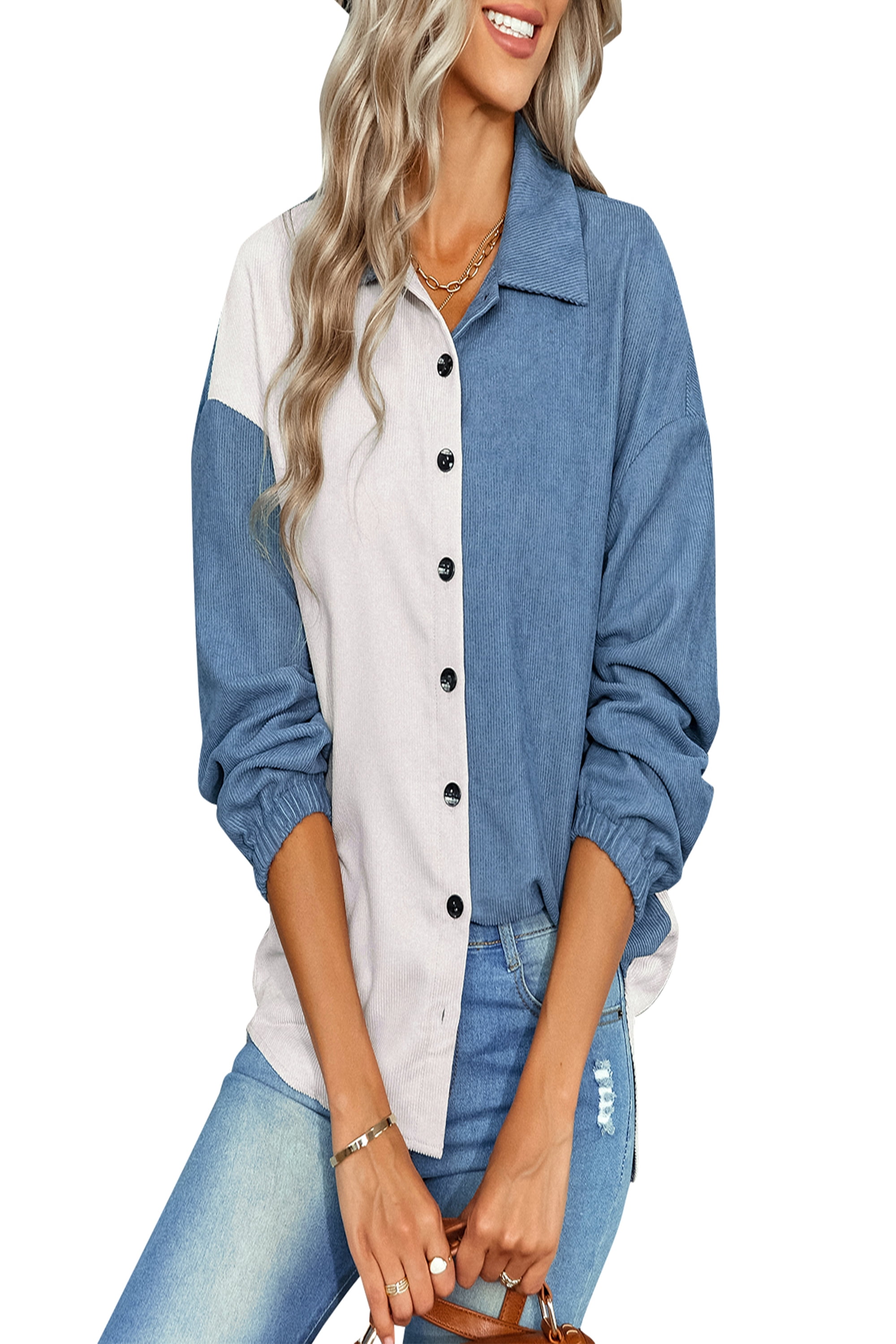 SWQZVT Women's Color Block Tops Corduroy Button Down Shirts Long Sleeve ...