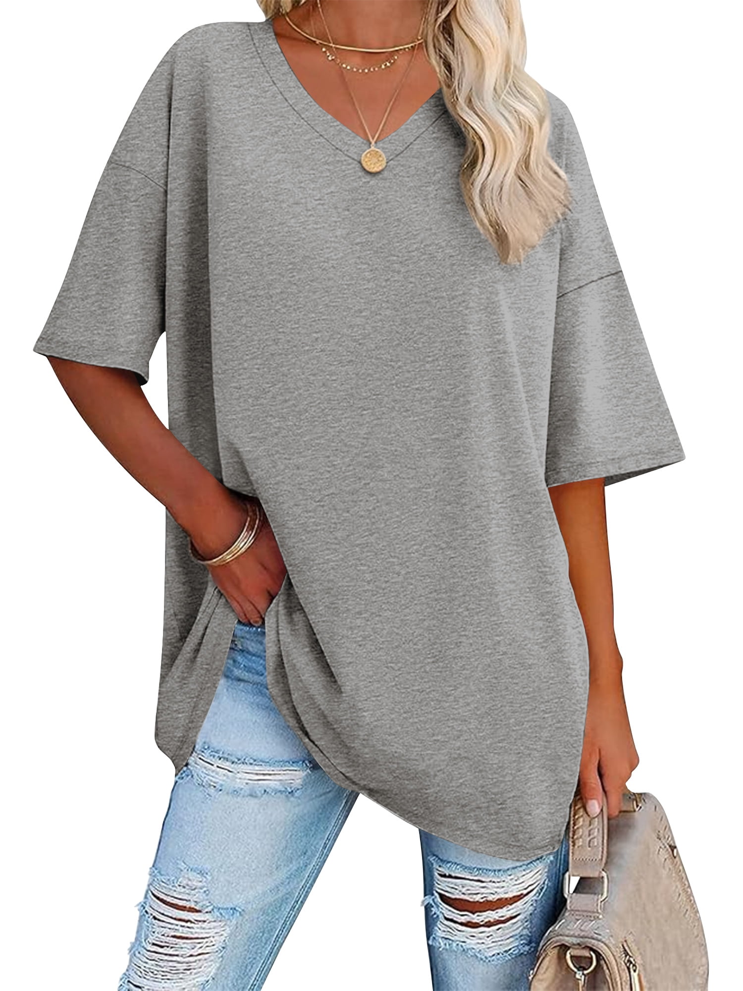 SWQZVT Women's Oversized V Neck T Shirt Short Sleeve Loose Fit Casual ...