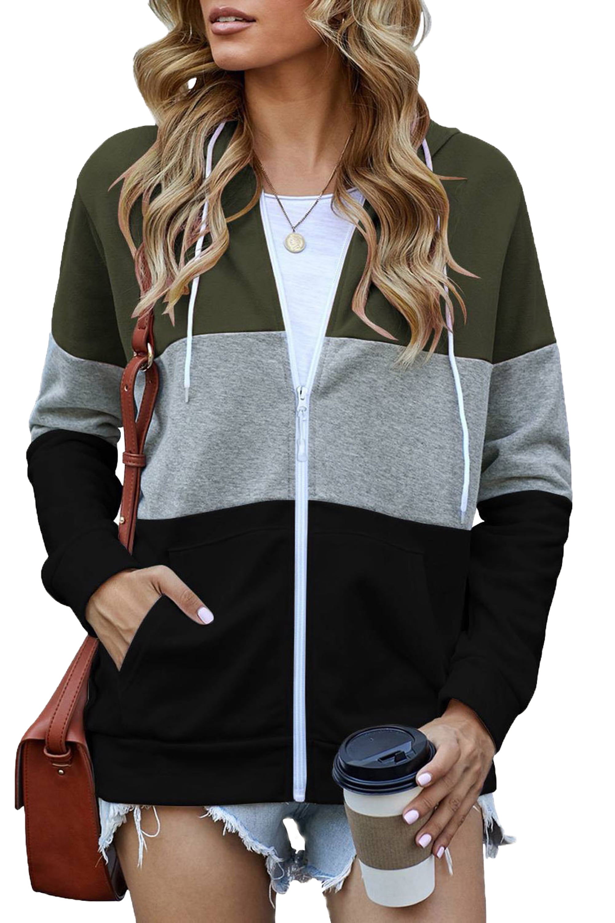SWQZVT Women's Hooded Zip Up Sweatshirt, Long Sleeve, Color Block ...