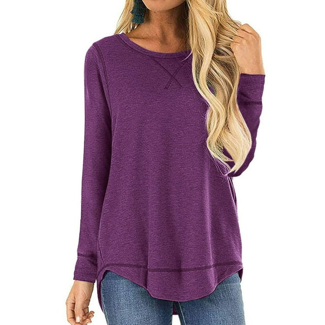 SWQZVT Women's Long Sleeve, Crew Neck, Side Slit Tunic, Lightweight Pullover, Blue, Size S ...