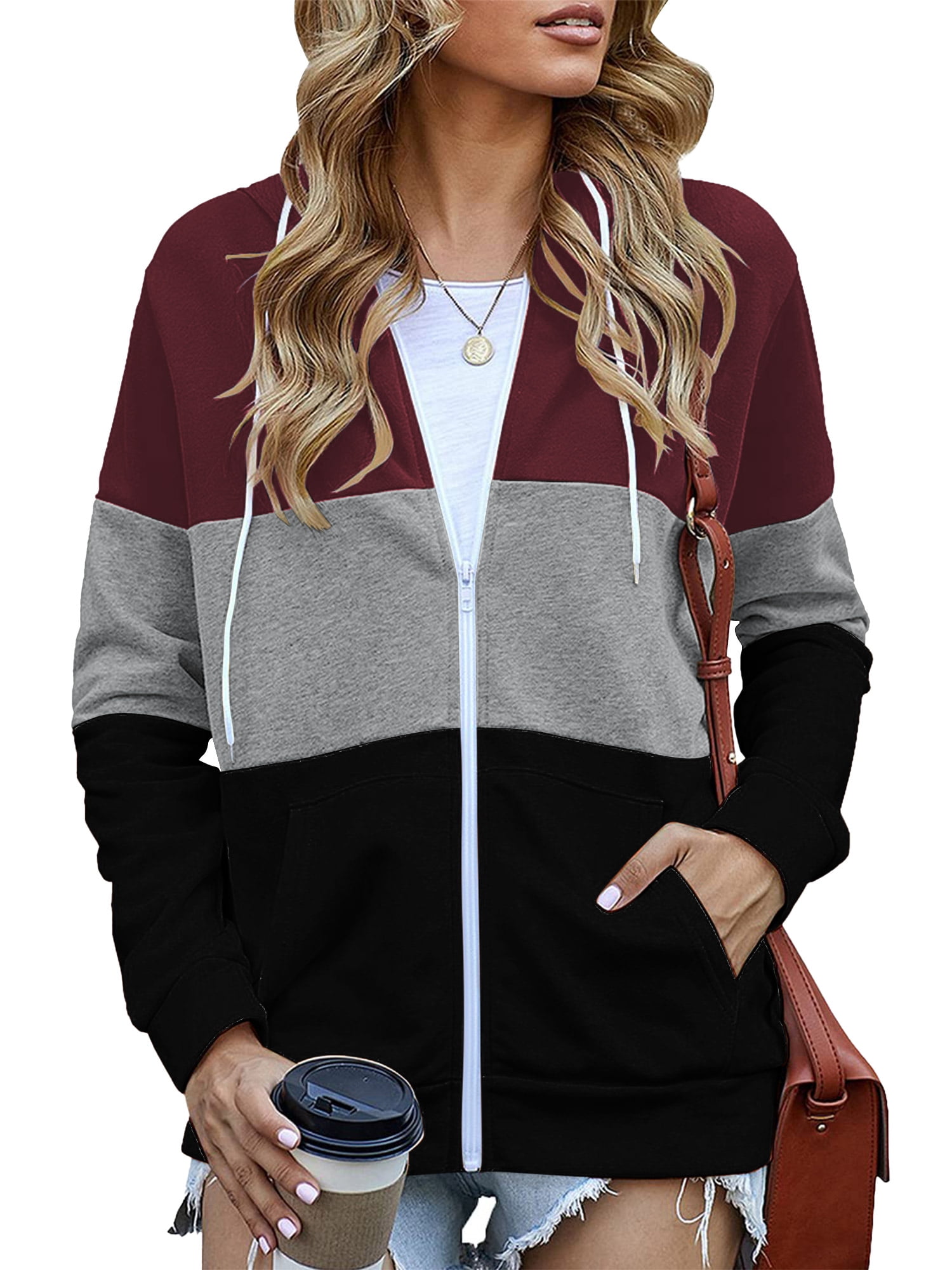 SWQZVT Women's Full Zip Hooded Sweatshirt Color Block Long Sleeve ...