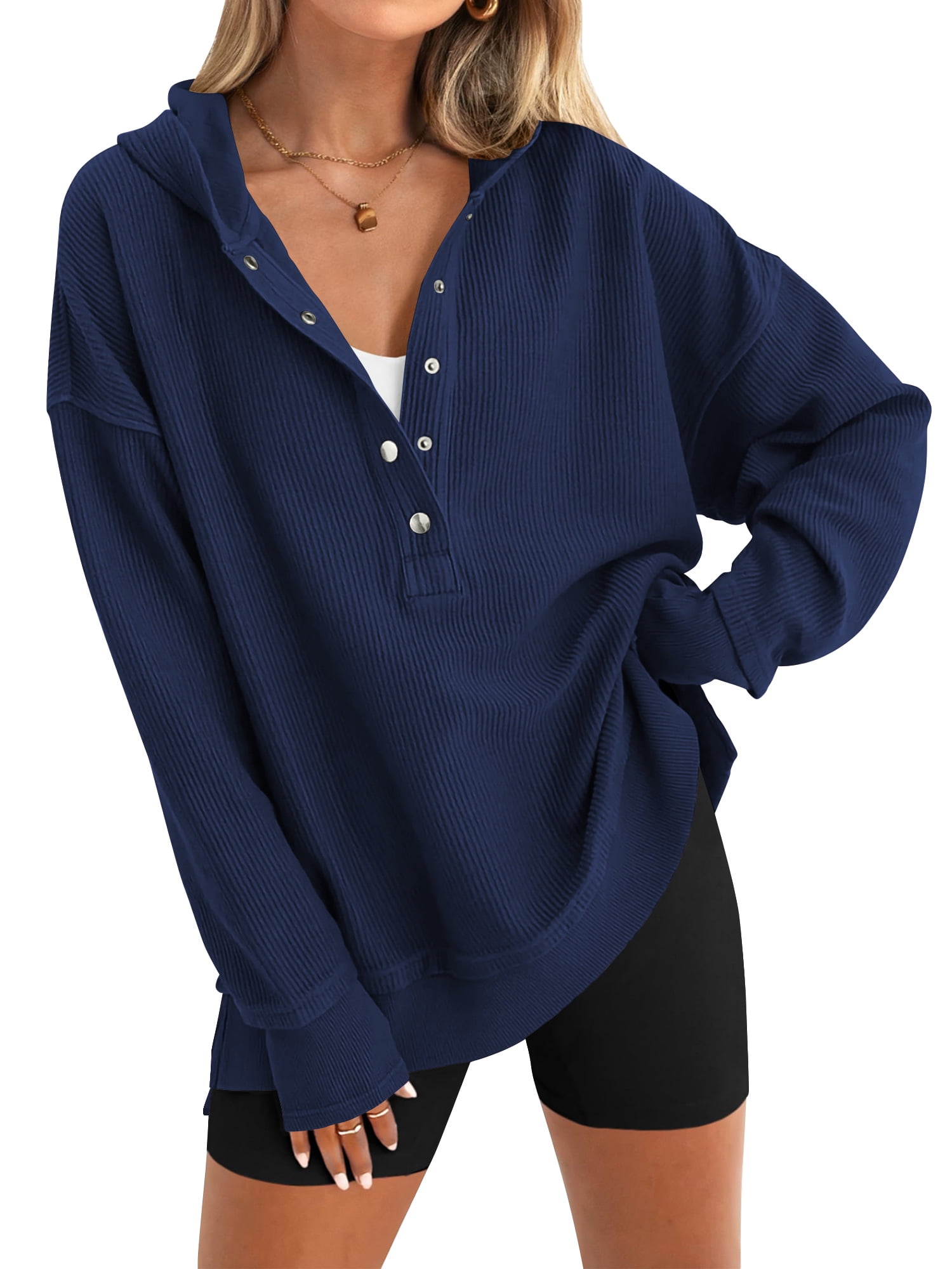 SWQZVT Hoodies for Women Button Up V Neck Side Slit Sweatshirts Long ...