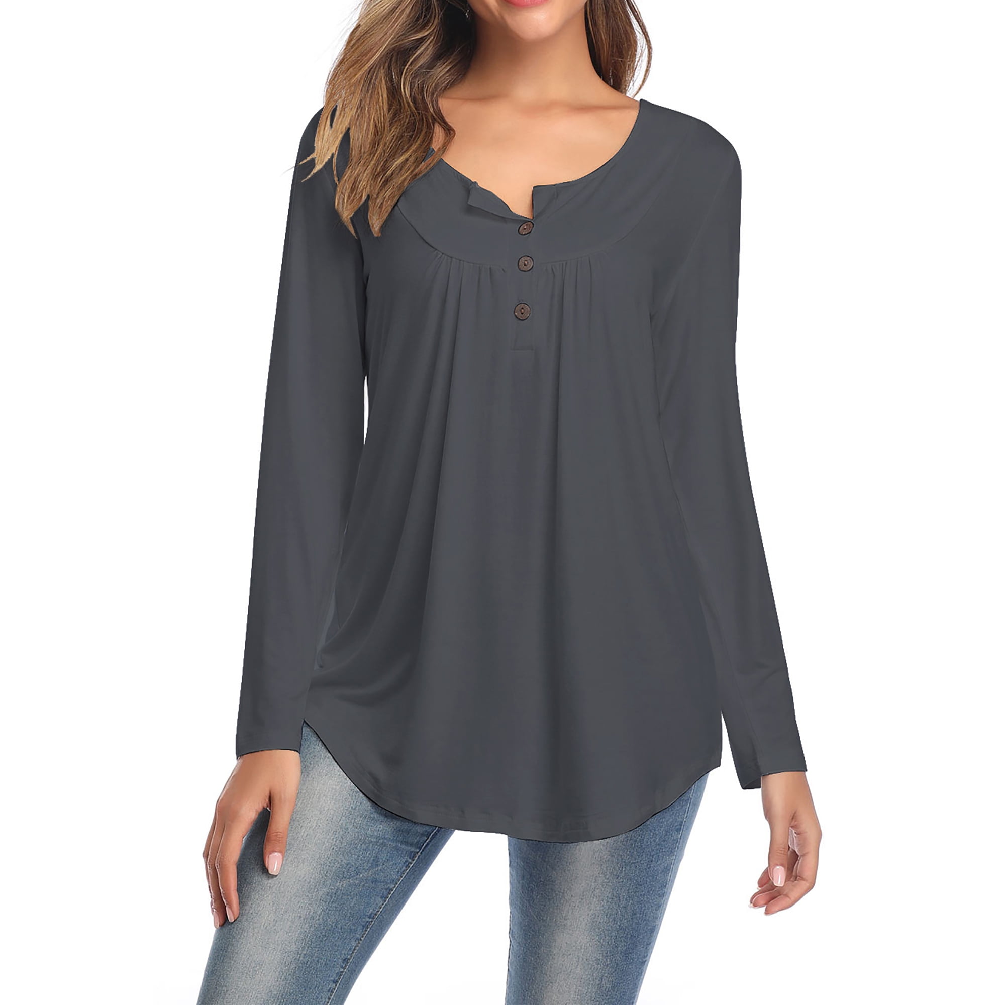 Swqzvt Womens Long Sleeve Blouses V Neck Button Down Casual Fall Tunic