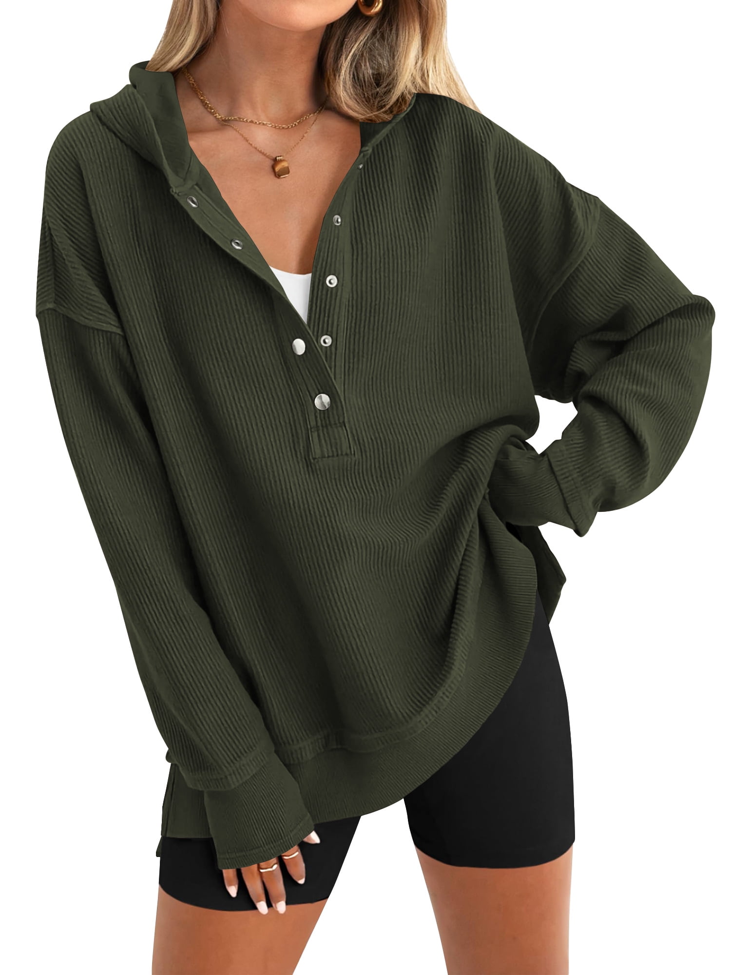 SWQZVT Womens Hoodies Fall Button Up V Neck Long Sleeve Hooded Pullover ...