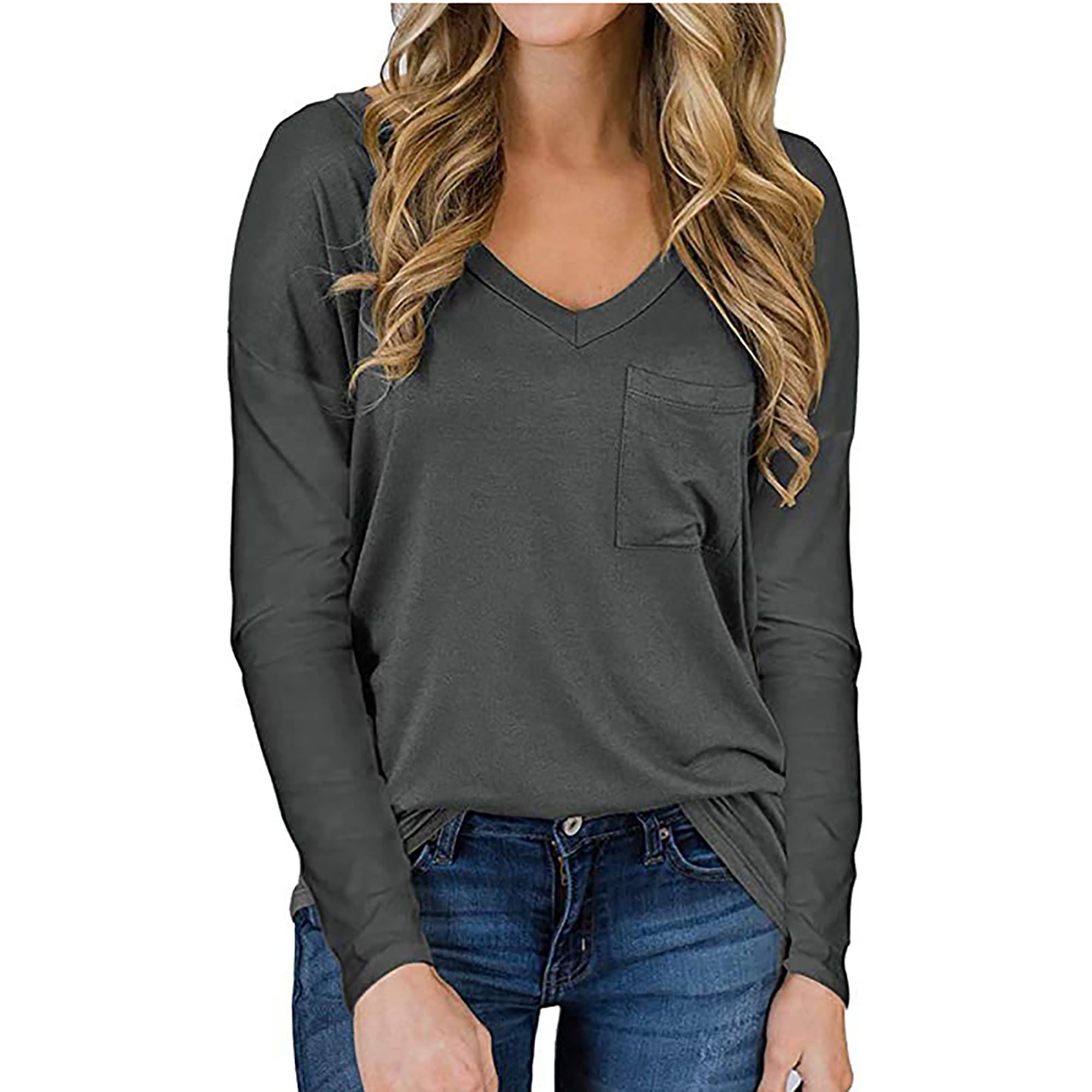 Swqzvt Womens Long Sleeve Tops V Neck With Pocket Grey Tee Plain Color