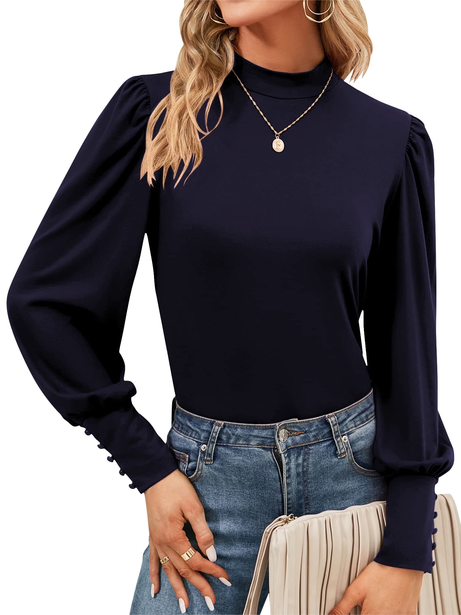 SWQZVT Womens Mock Neck Puff Long Sleeve Tops Casual Loose Solid Basic ...