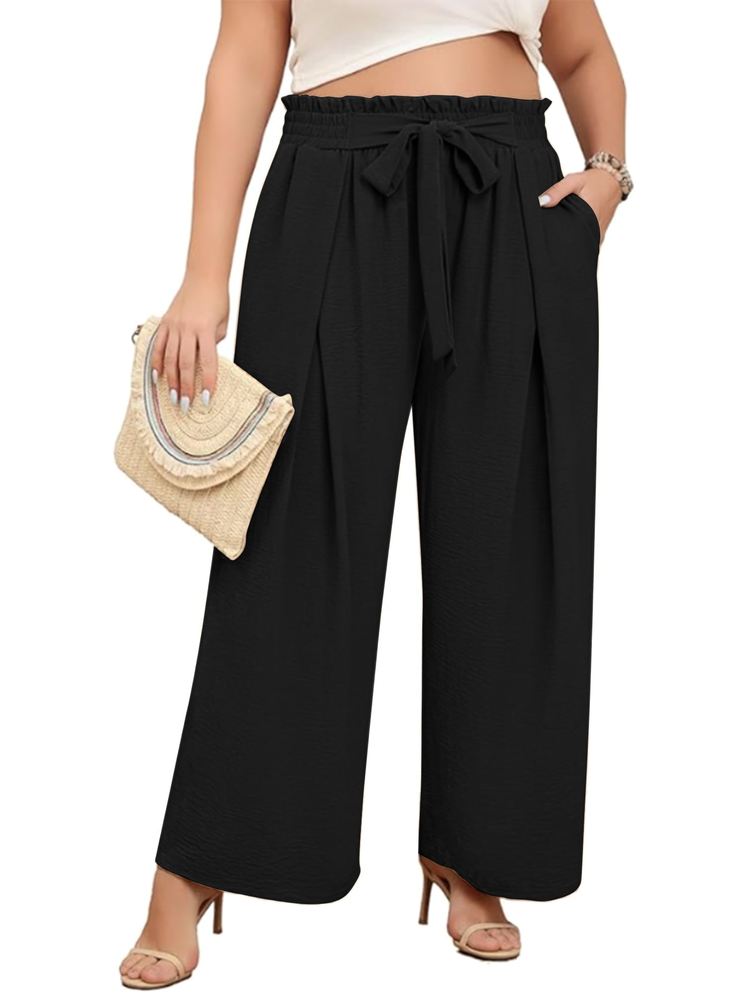 LANREMON Womens Pants Plus Size Wide Leg Loose Pants Summer Casual ...