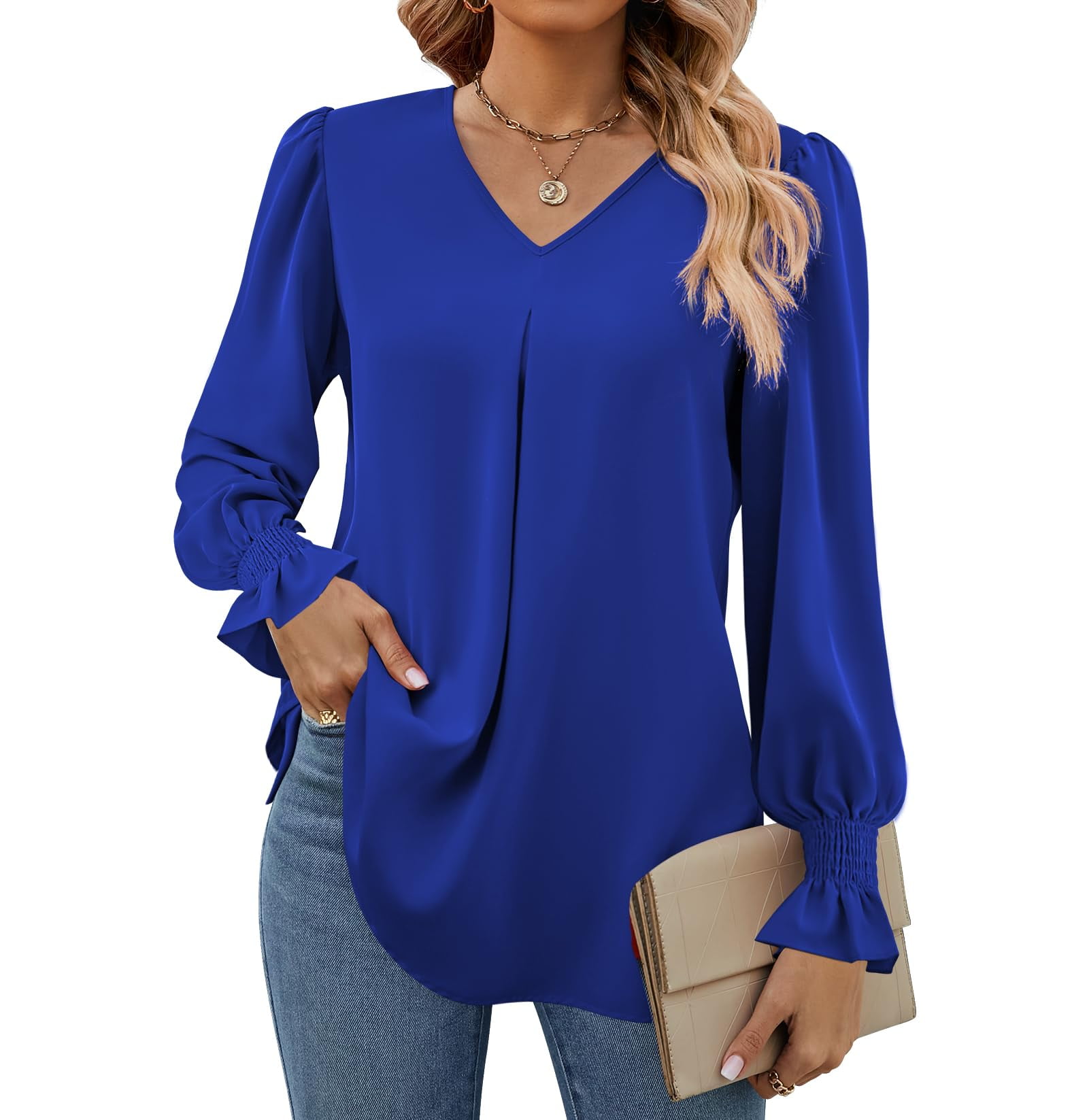 SWQZVT Womens Tops Long Sleeve Blouses V Neck Business Work Shirts Womens Clothes Bubble Sleeve ...