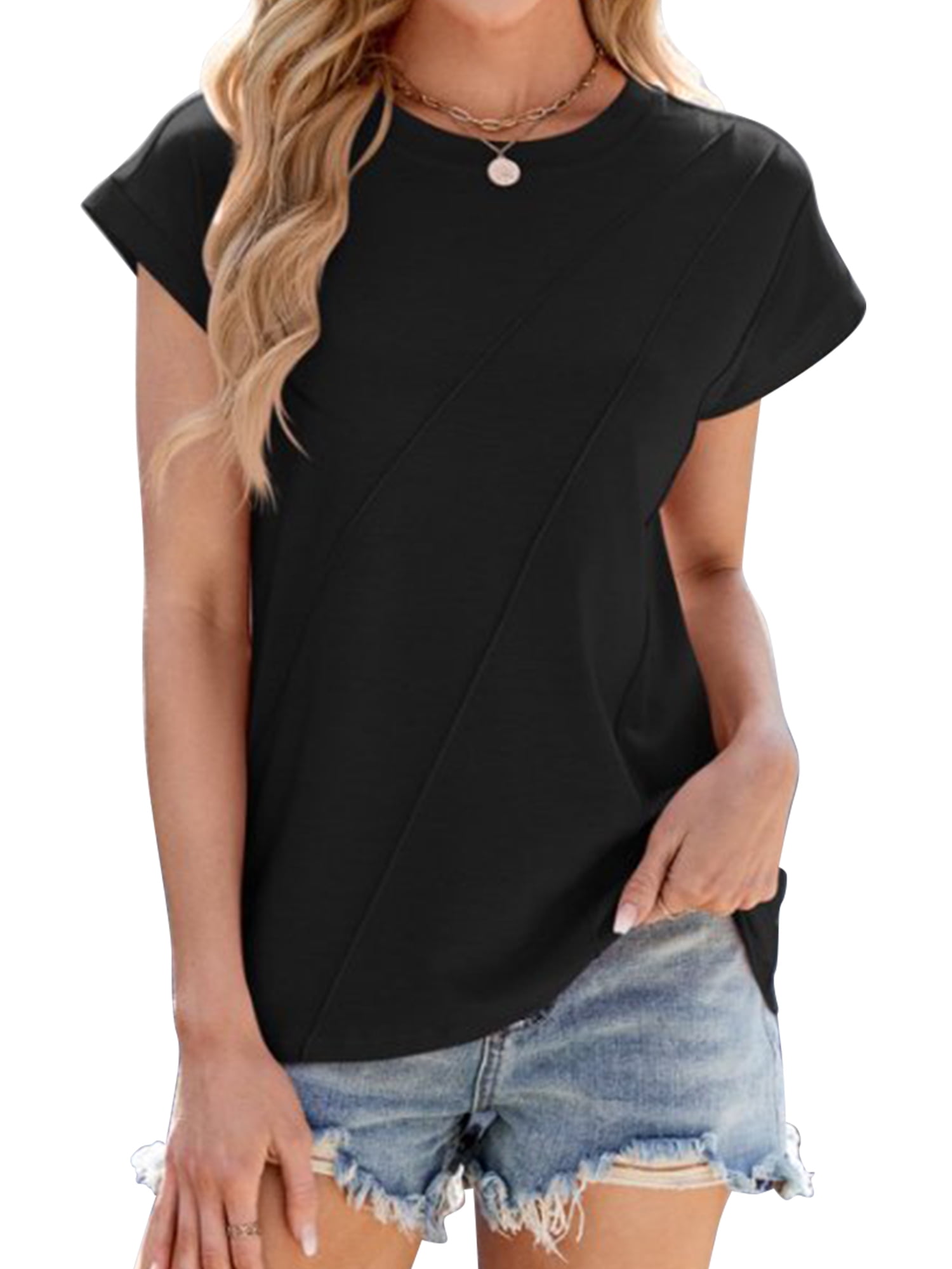 SWQZVT Womens Tops Summer Tunic Tops for Women Black Crew Neck Short ...