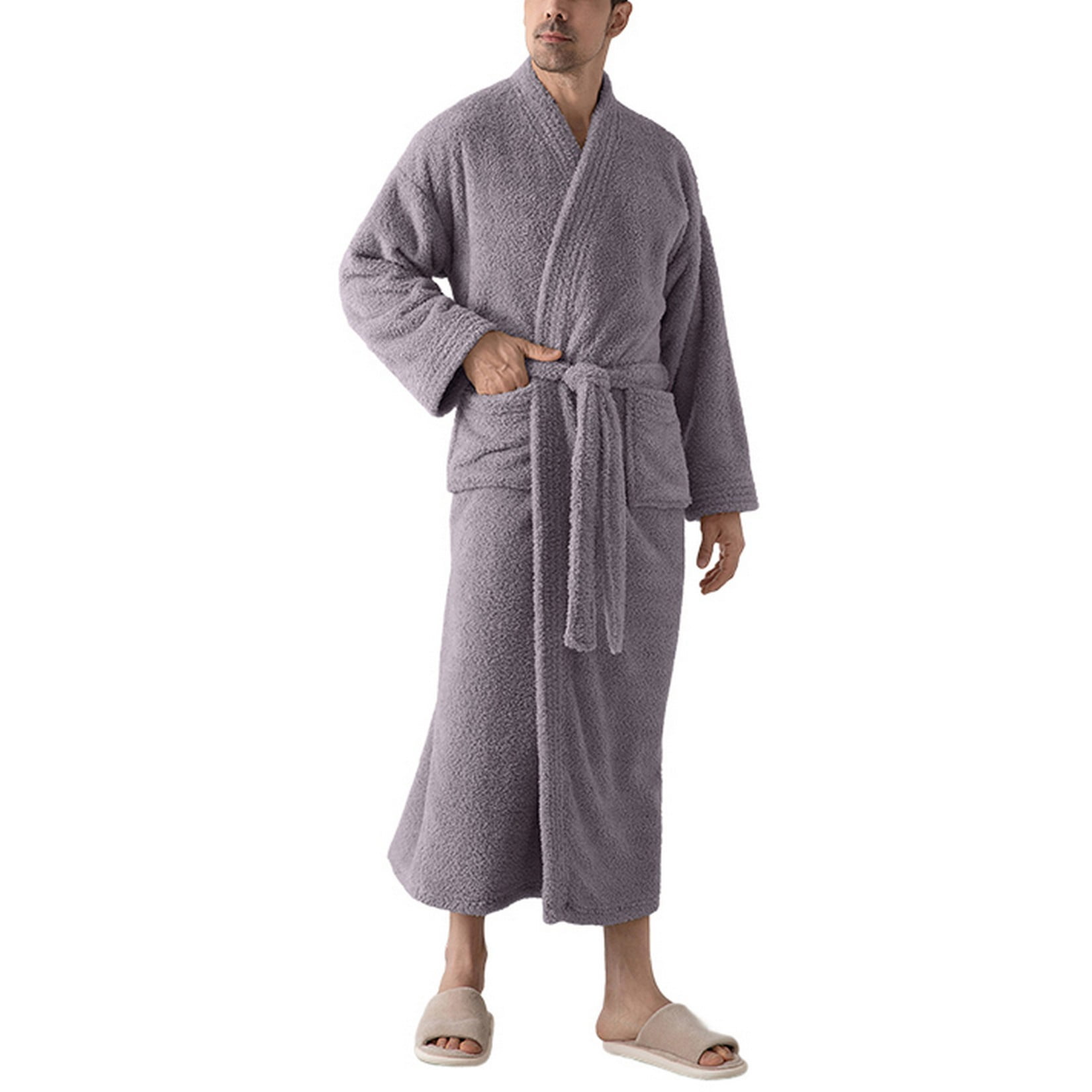 SWSMCLT Men's Billowy Fleece Bath Robe Belt Cold Weather Drop Shoulder ...