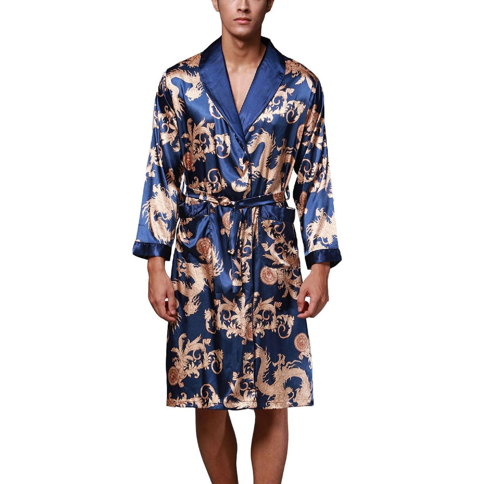 SWSMCLT Men's Long Sleeve Robe Satin Knee Length Pajamas Pjs Long ...
