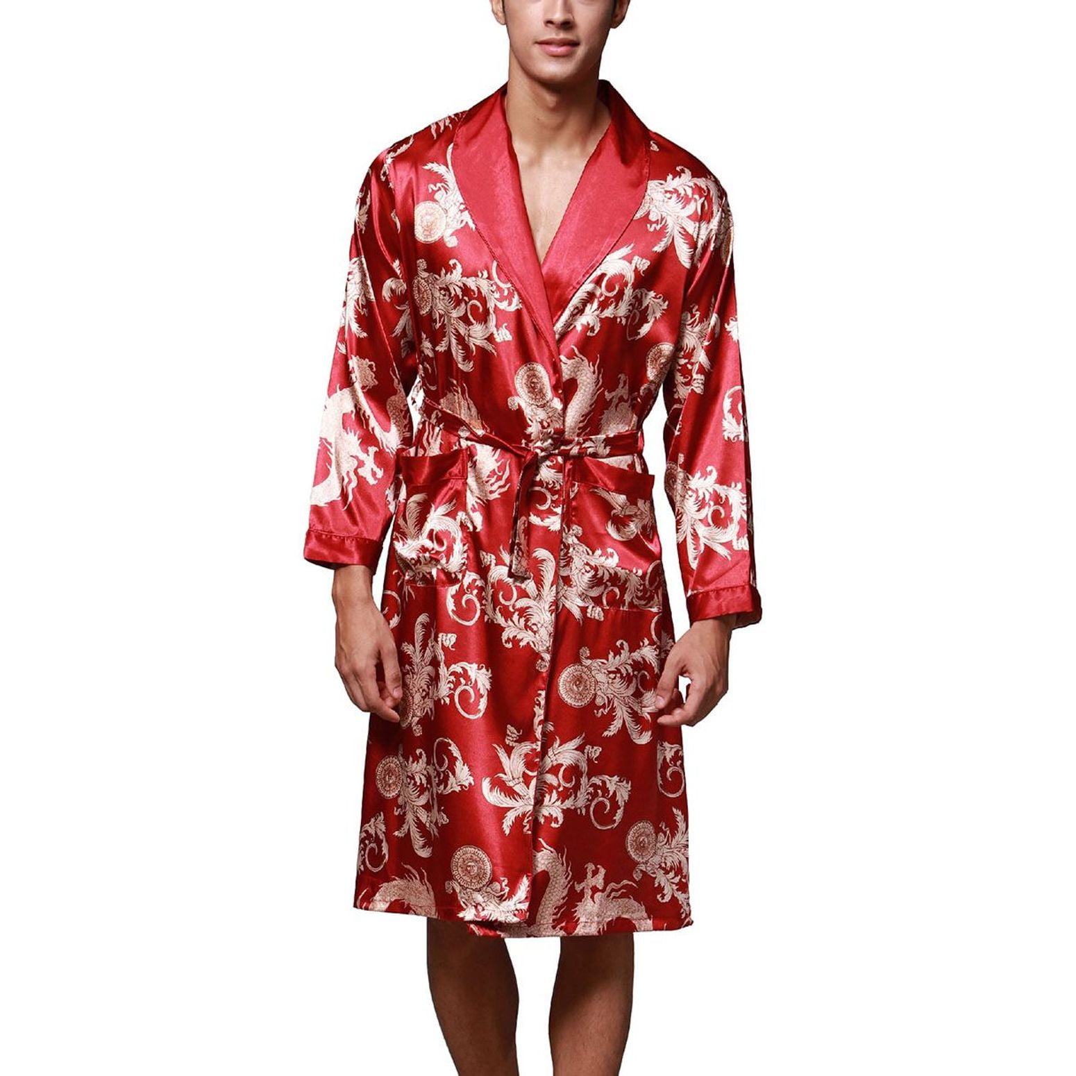 SWSMCLT Men's Long Sleeve Robe Satin Knee Length Pajamas Pjs Long ...