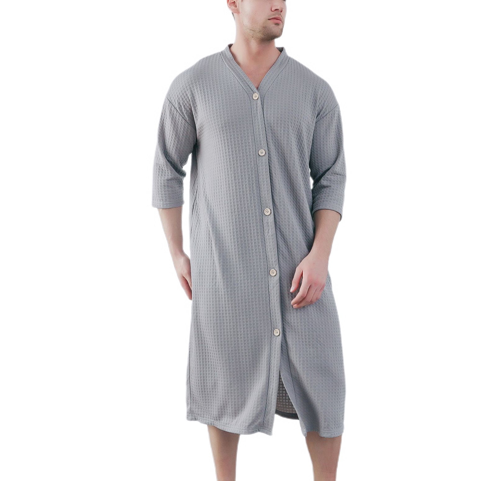 SWSMCLT Men's Robe Button Down House Coat Soft V Neck Comfy 3/4 Sleeve ...