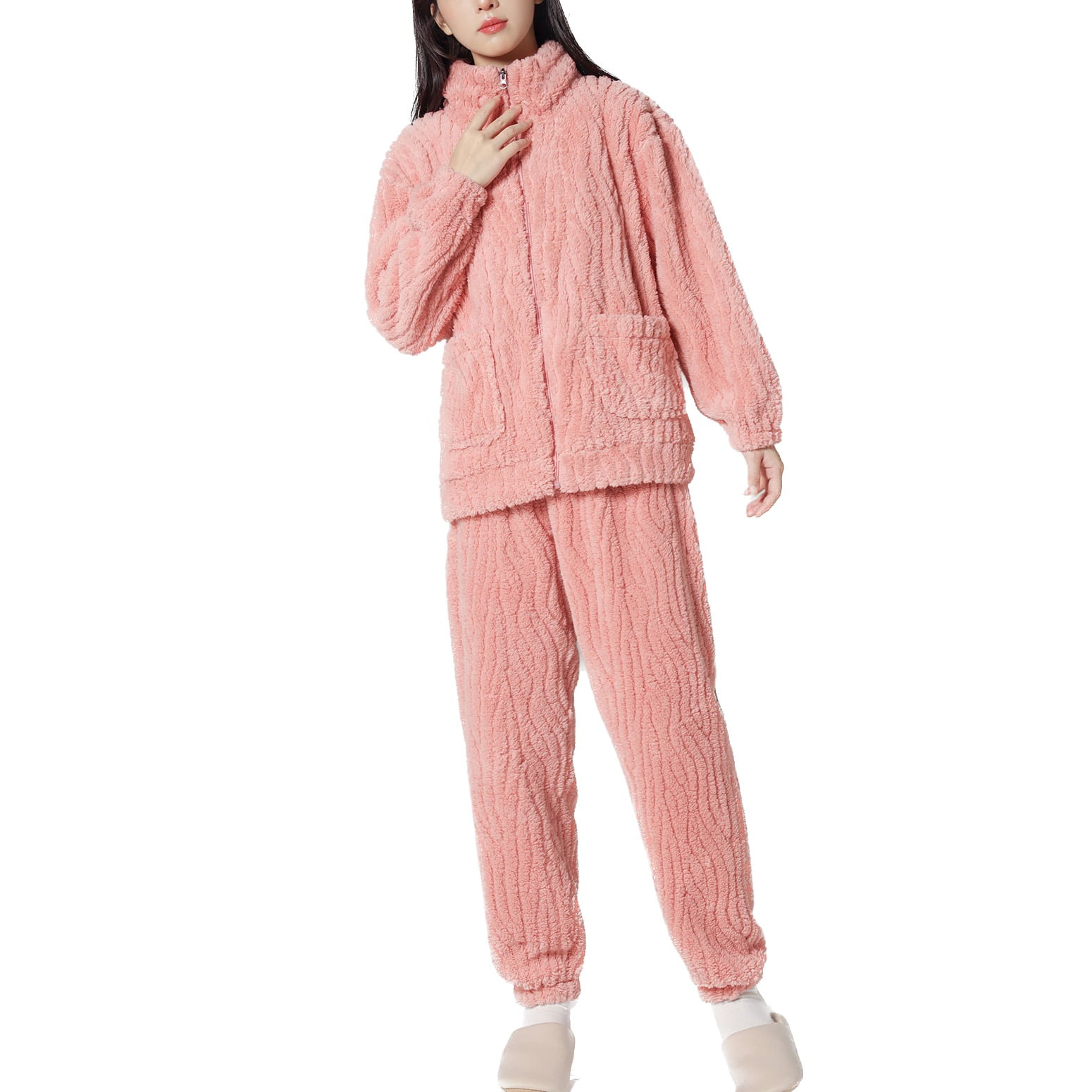 SWSMCLT Women's 2 Piece Pajamas Fleece Long Sleeve Fall Winter Warm Pjs ...