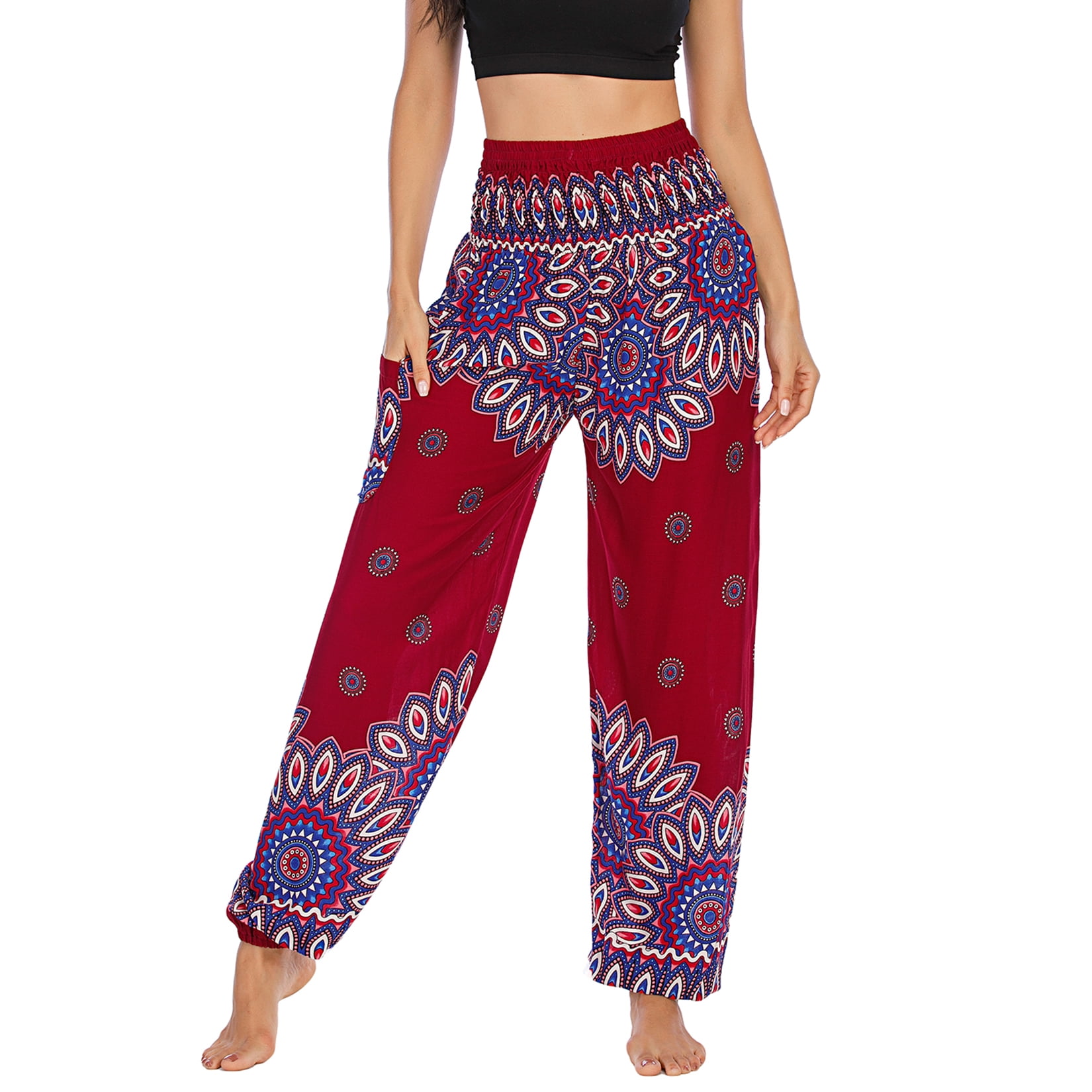 SWSMCLT Women's Boho Yoga Pant Smocked Waist Hippie Bohemian Thai ...