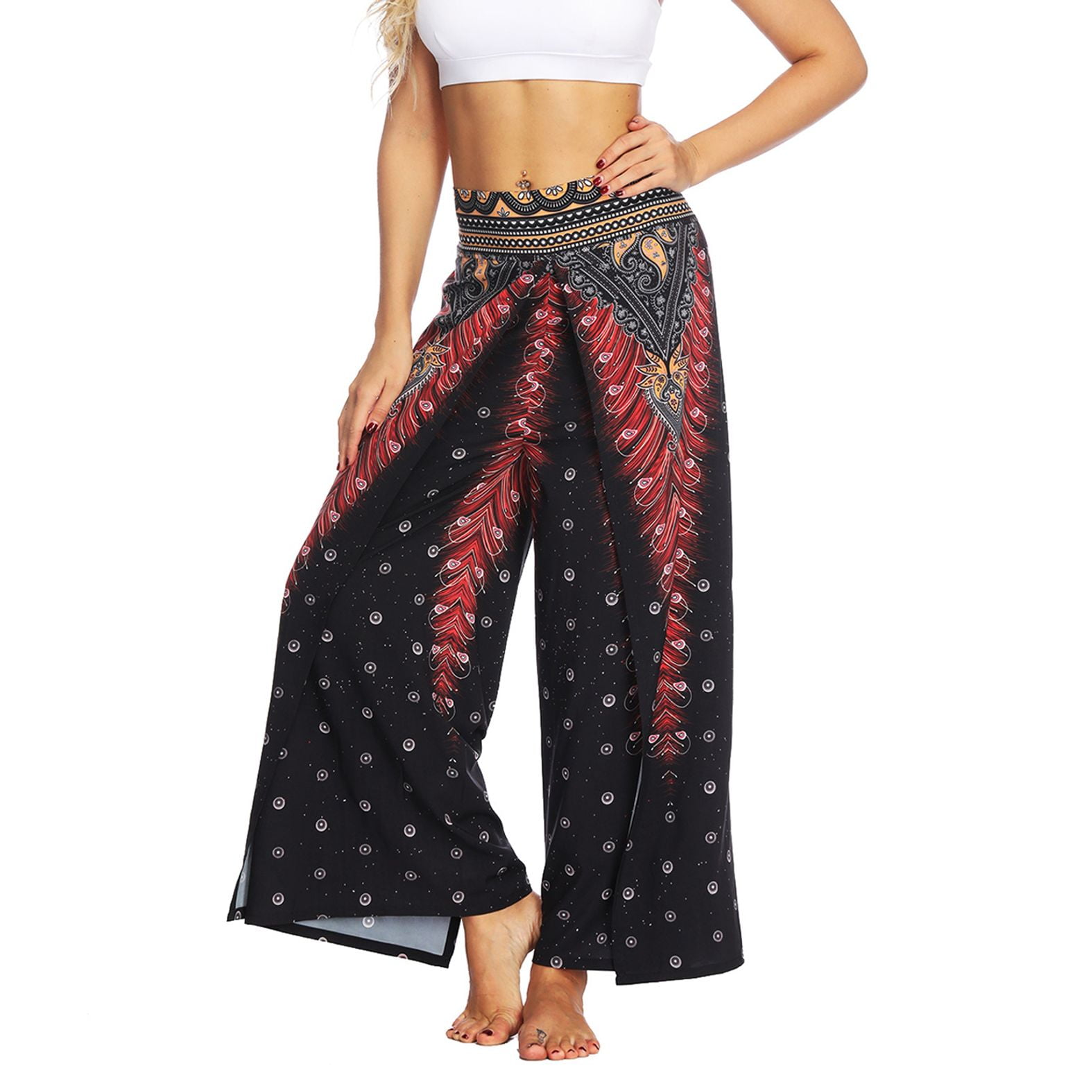 SWSMCLT Women's Boho Yoga Pants Gaucho Wide Leg Side Split High Waisted ...