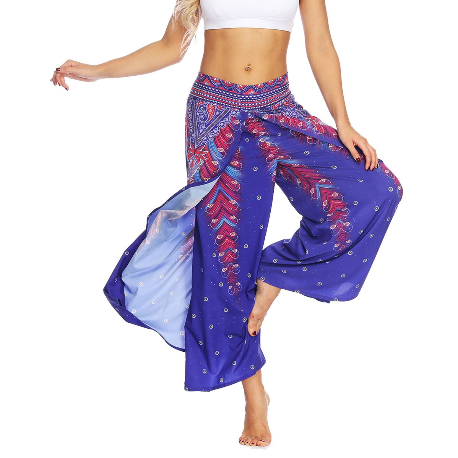 SWSMCLT Women's Boho Yoga Pants Gaucho Wide Leg Side Split High Waisted ...