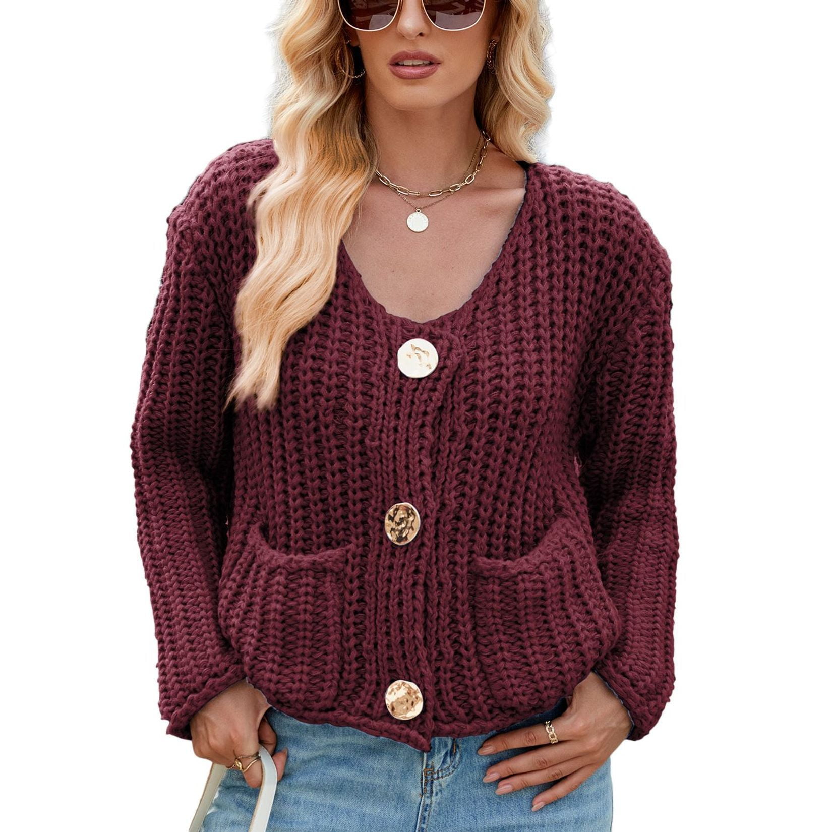 SWSMCLT Women's Cable Knit Cardigan Sweater Baggy Button Crew Neck ...